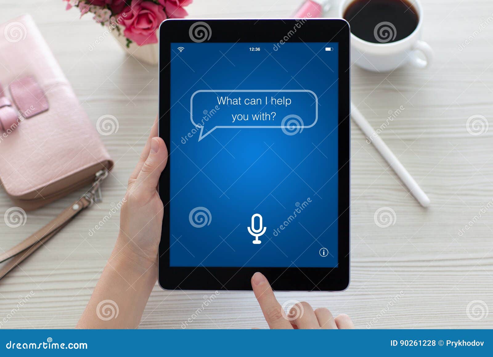 Woman Hands Holding Tablet Computer with App Personal Assistant Stock ...