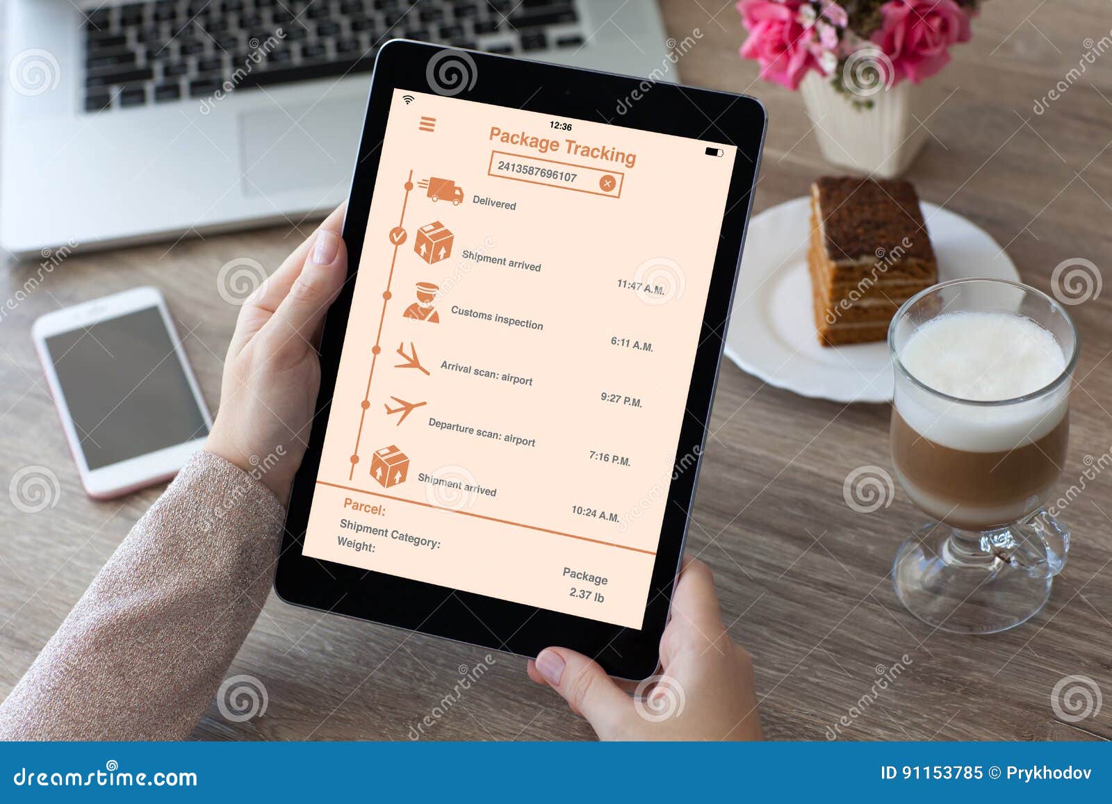Woman Hands Holding Tablet Computer with App Tracking Delivery P Stock ...