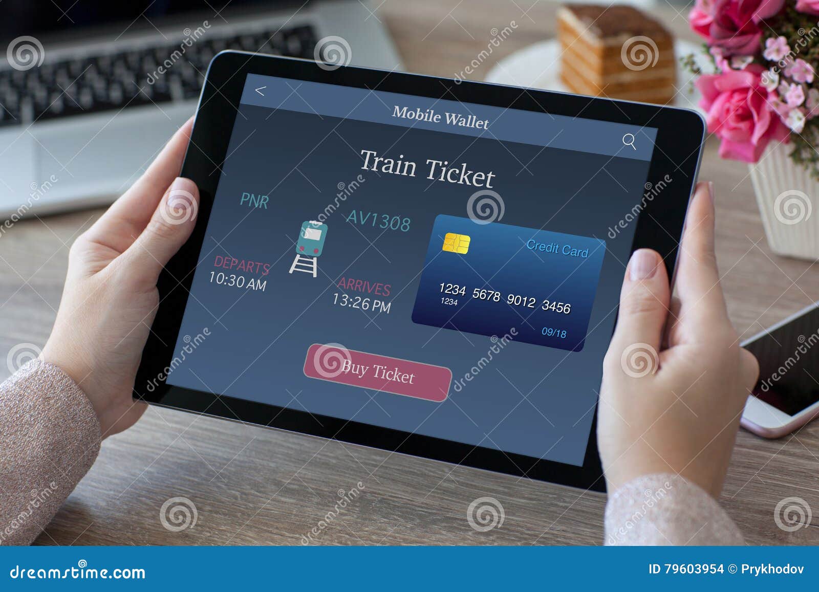 Woman Hands Holding Tablet PC Computer with Train Ticket Stock Photo ...