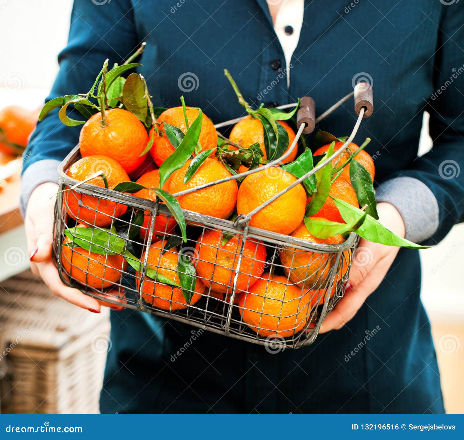 Woman Hands with Iron Basket with Fresh Clementine Copy Space Stock ...