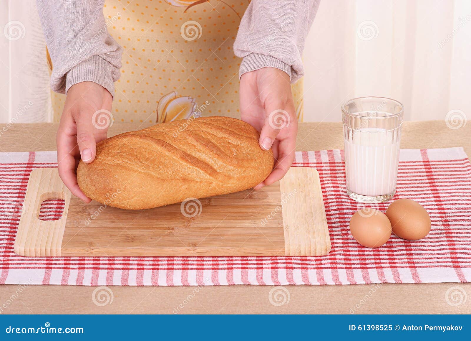 Woman Hands Laying the Bread, Table, Milk and Eggs Stock Image - Image ...