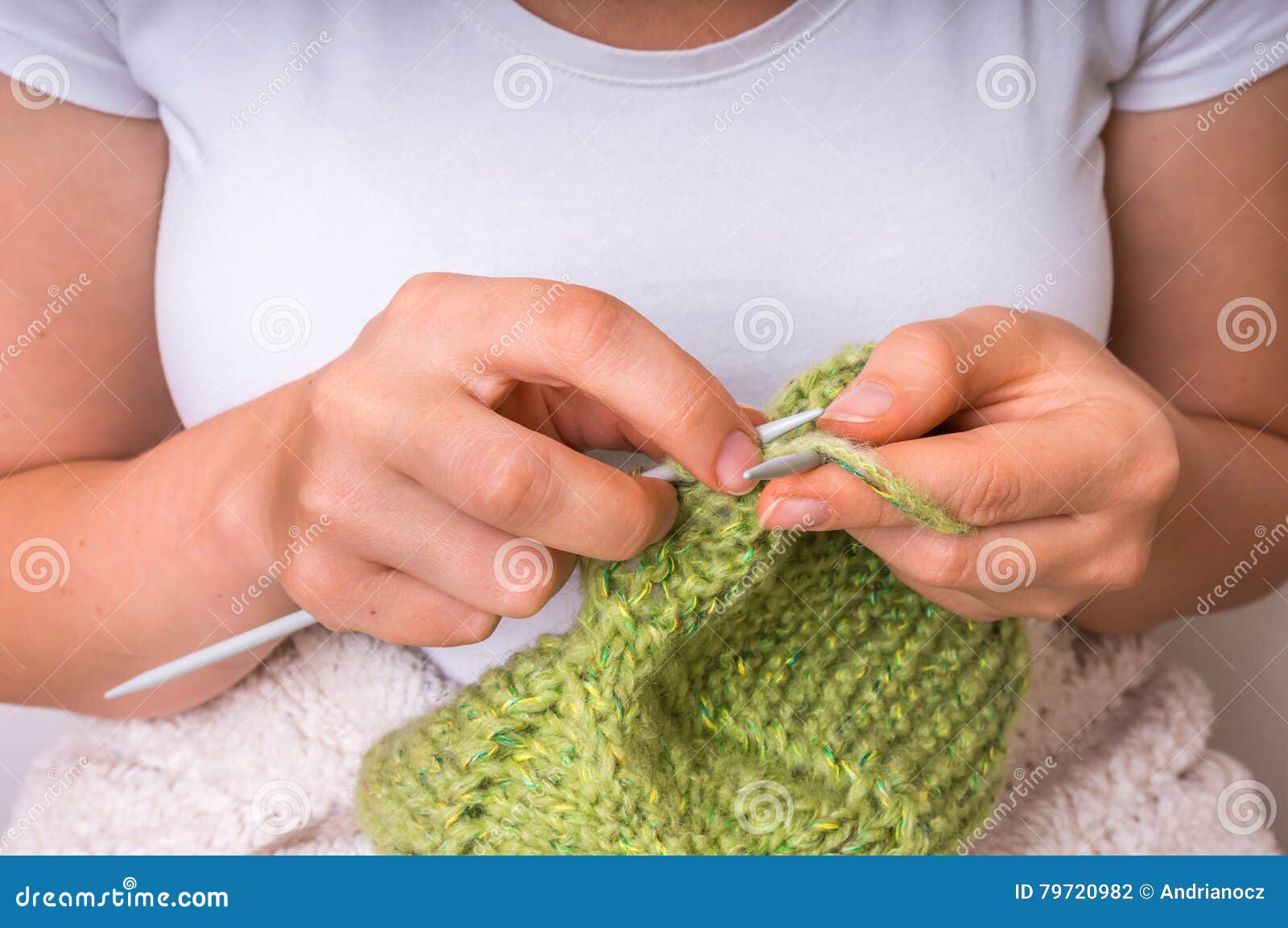 Woman Hands with Needles Knitting with Green Wool Stock Photo - Image ...