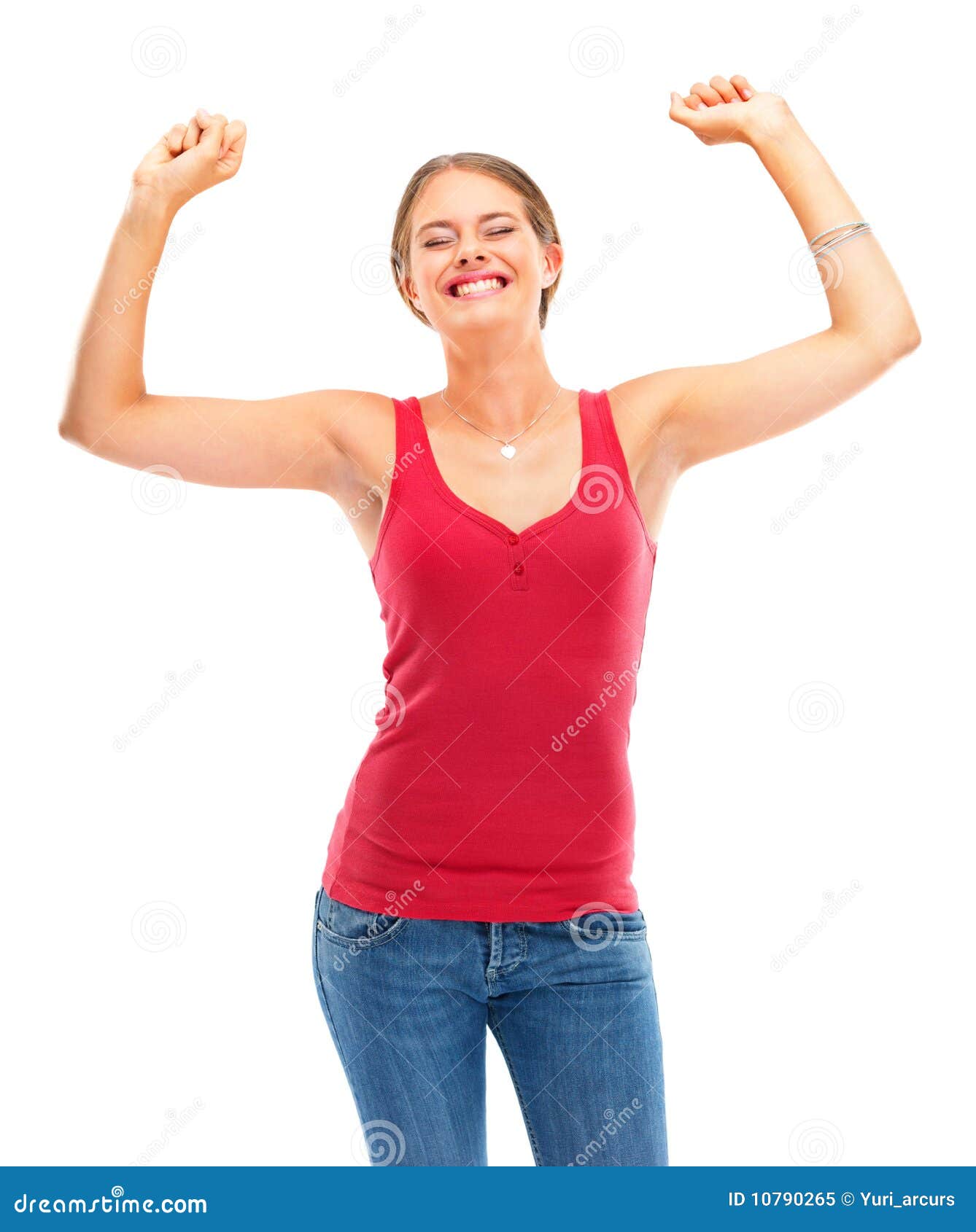 Woman With Hands Raised Isolated Over White Stock Image - Image of ...