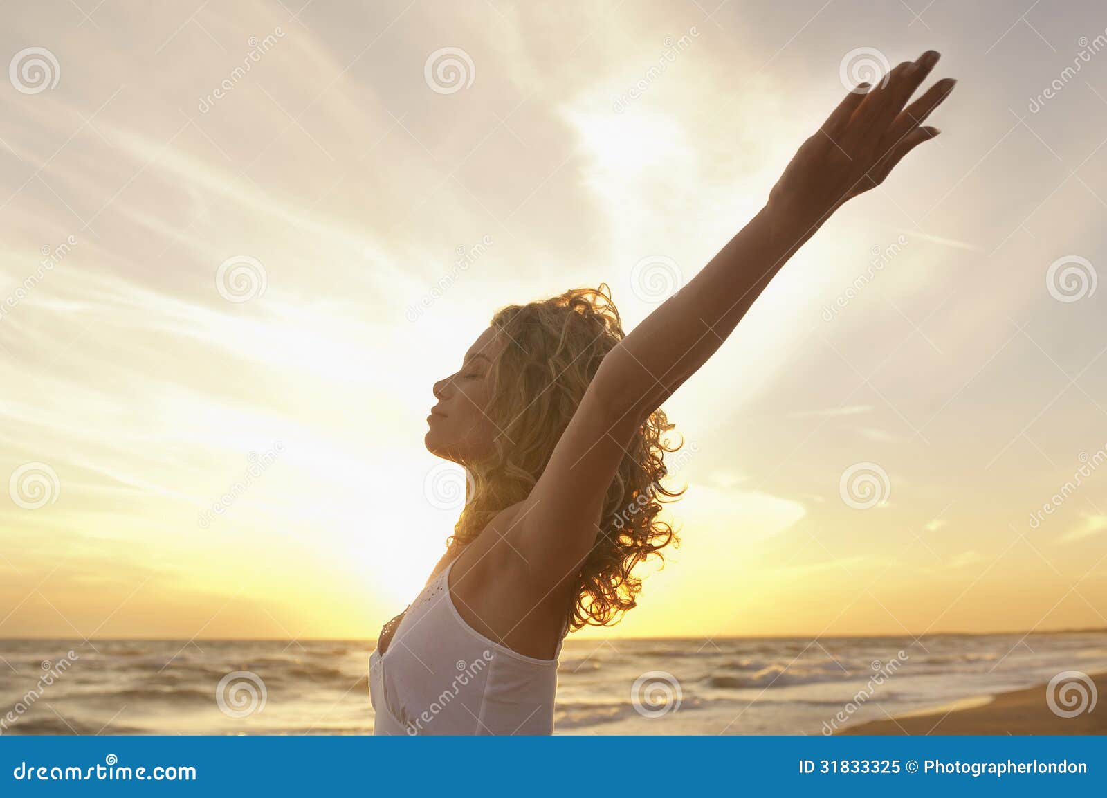 Woman with Hands Raised Meditating at Beach Stock Image - Image of ...