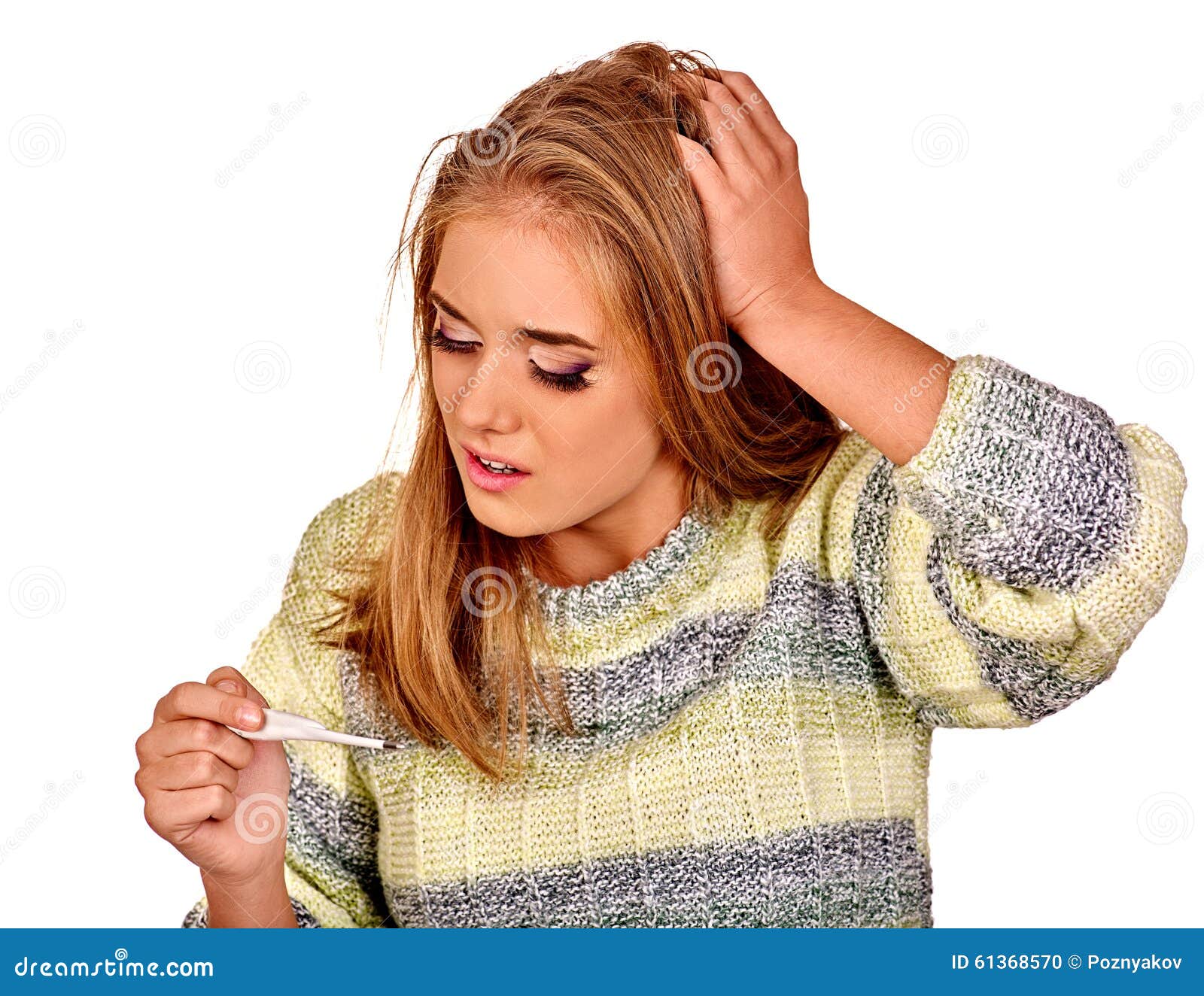 Woman with Hands on Sick Head. High Temperature Stock Photo - Image of ...
