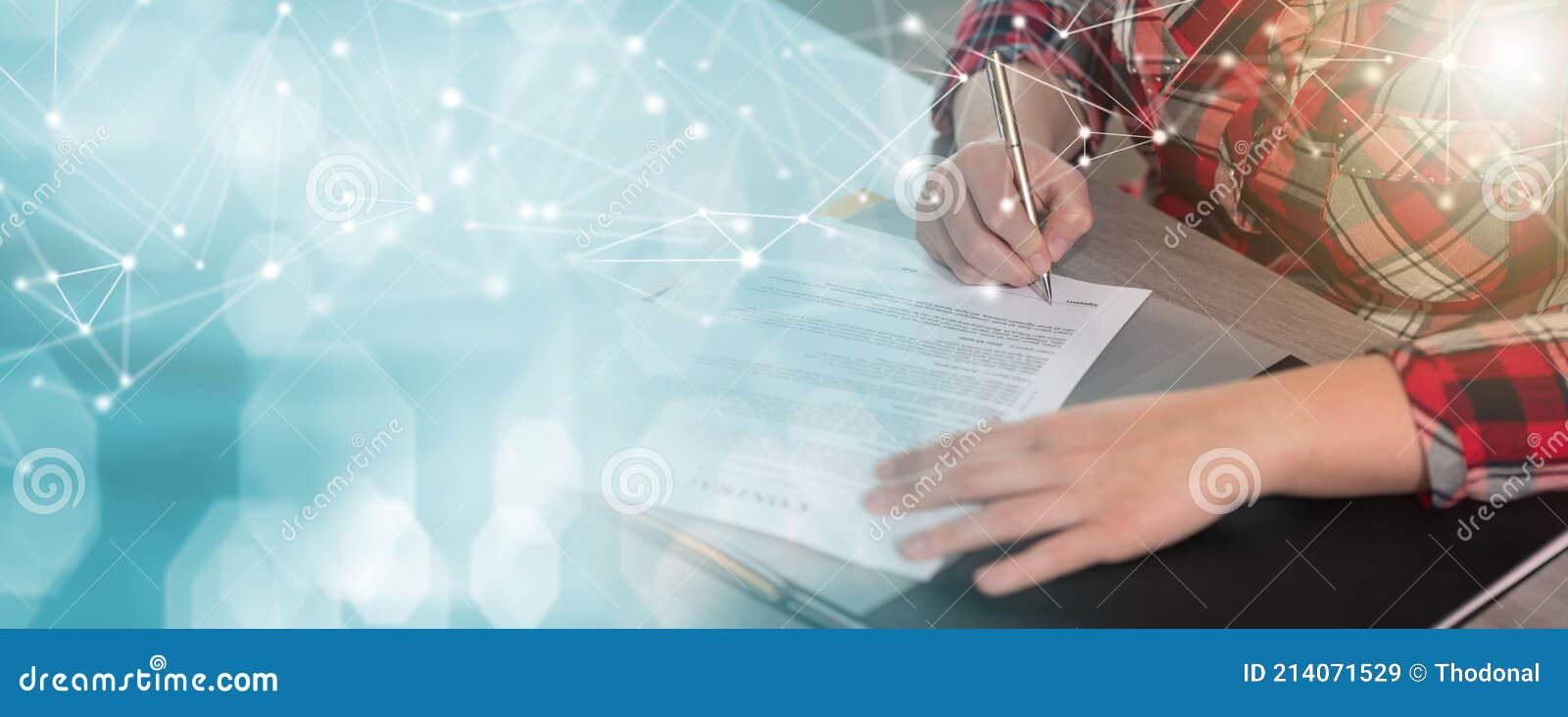 Woman Hands Signing a Document; Panoramic Banner Stock Image - Image of ...