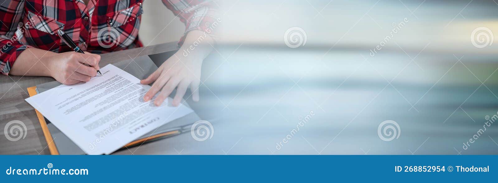 Woman Hands Signing a Document; Panoramic Banner Stock Photo - Image of ...