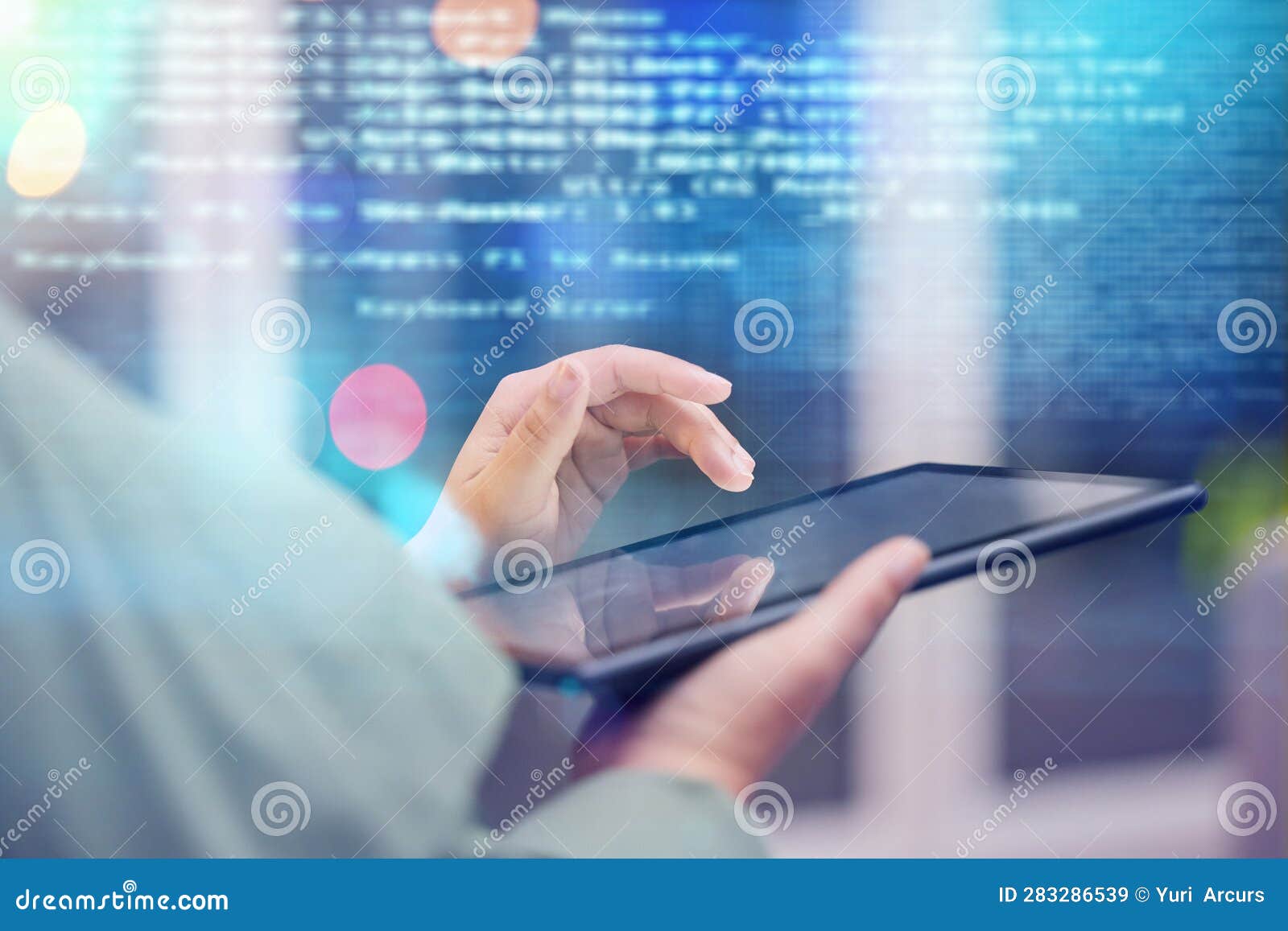 Woman, Hands and Tablet with Coding Overlay in Digital Transformation ...