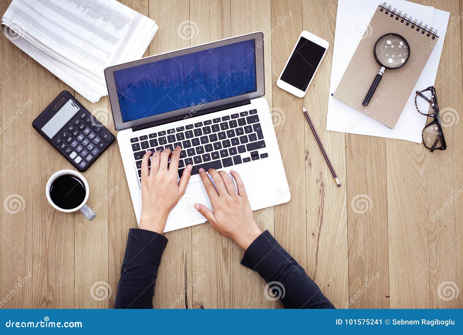 Woman Hands Using Computer on Table Stock Image - Image of coffee ...