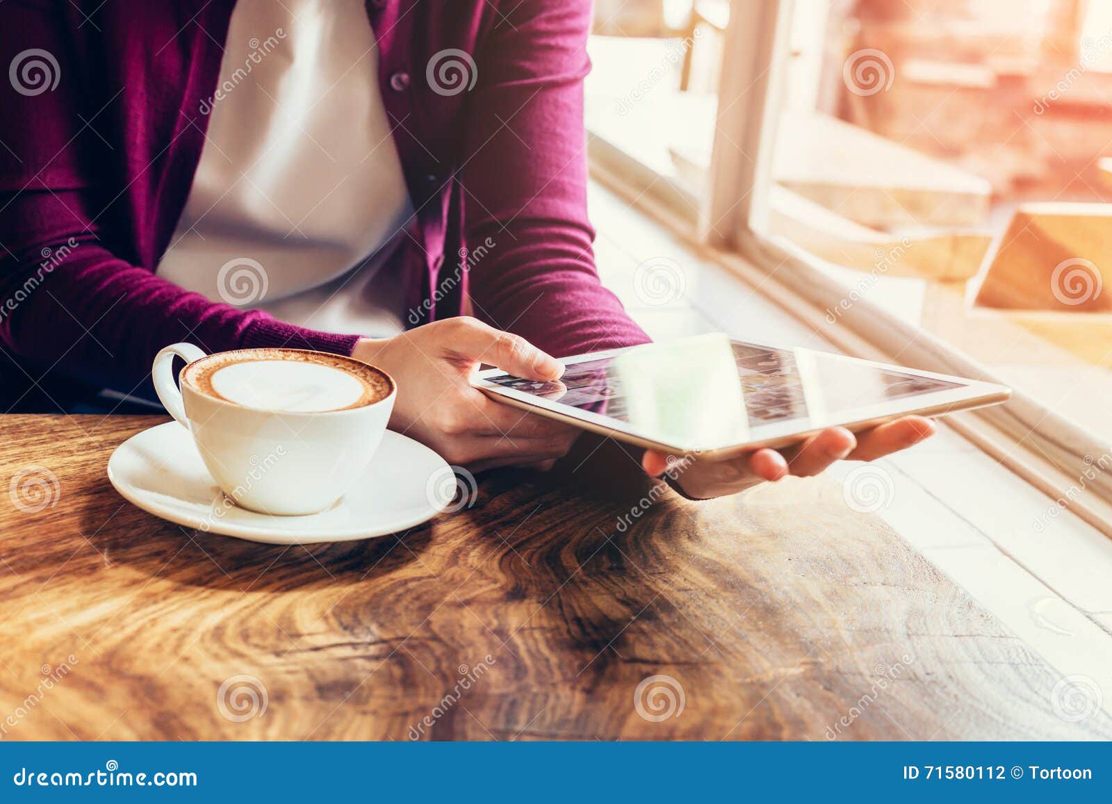 Woman Hands Using and Holding Computer Tablet in Coffee Shop Stock ...