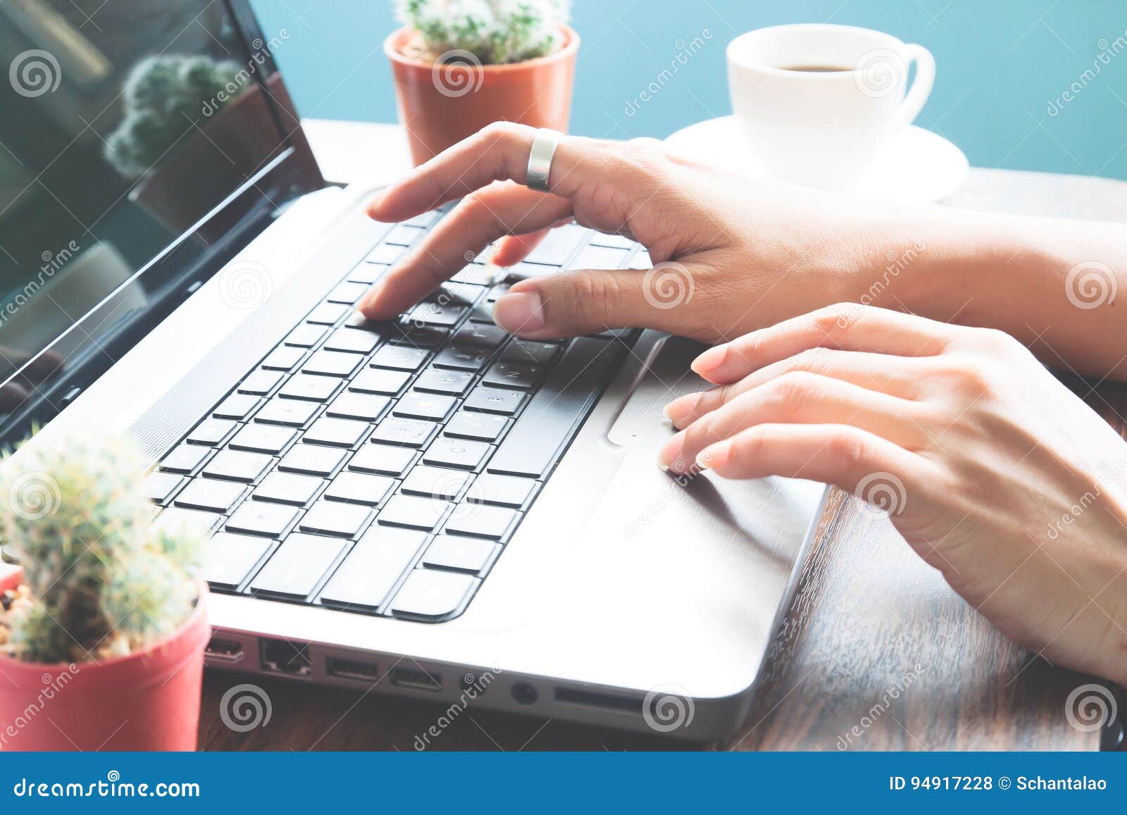 Woman Hands Using Laptop Computer, Workspace, Working at Home Stock ...