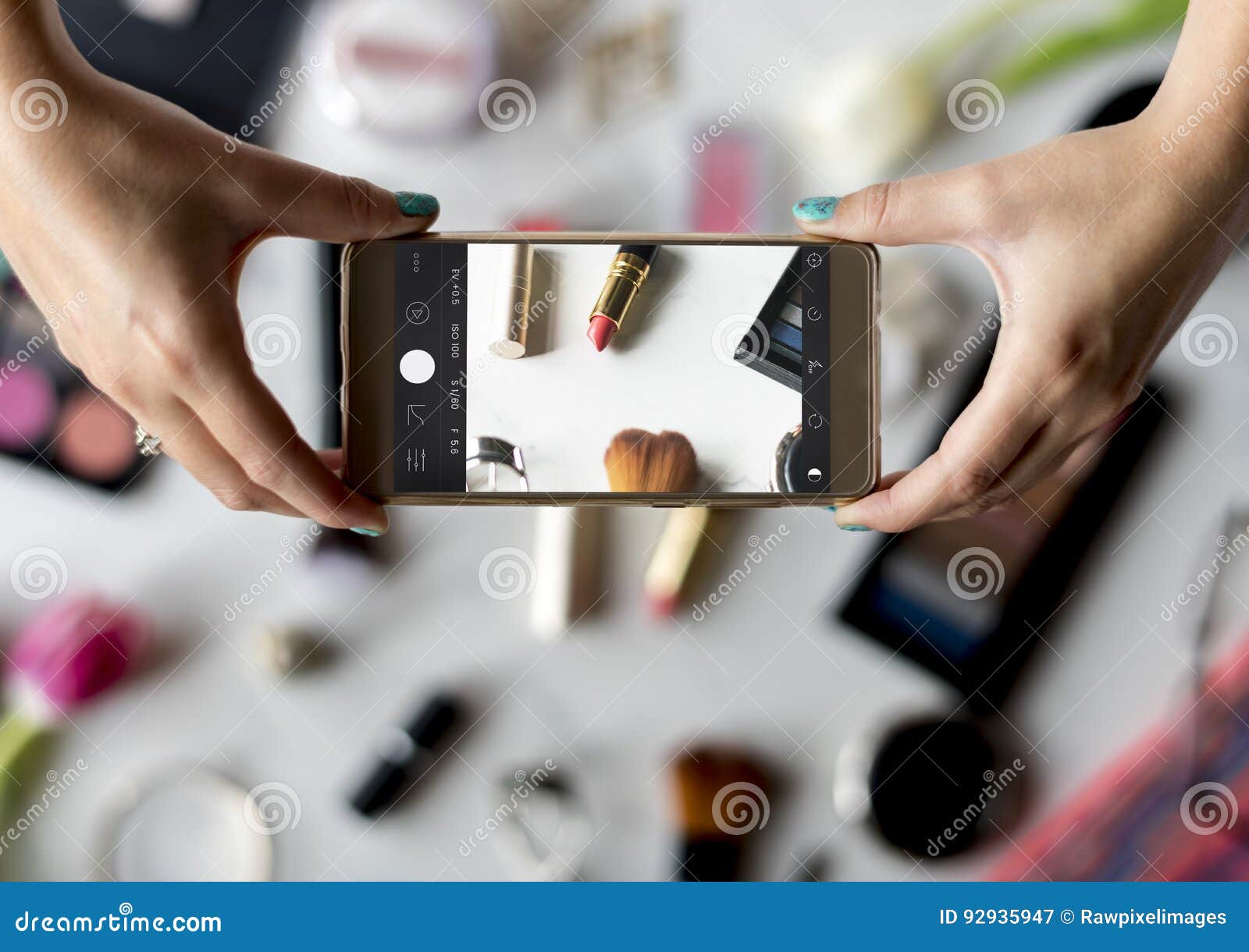 Woman Hands Using Mobile Phone Capture Photo with Cosmetics Back Stock ...
