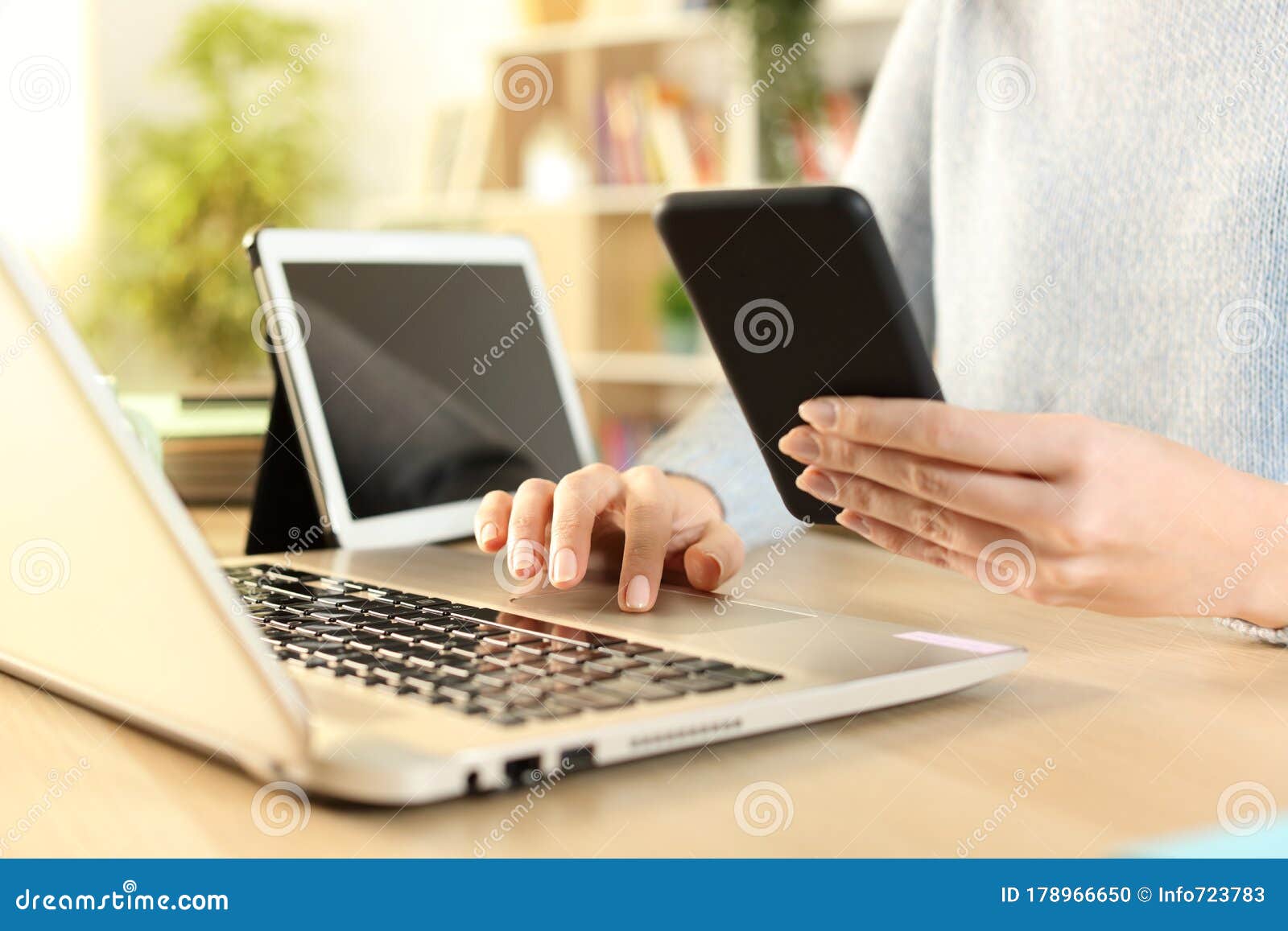 Woman Hands Using Multiple Devices at Home Stock Photo - Image of multi ...