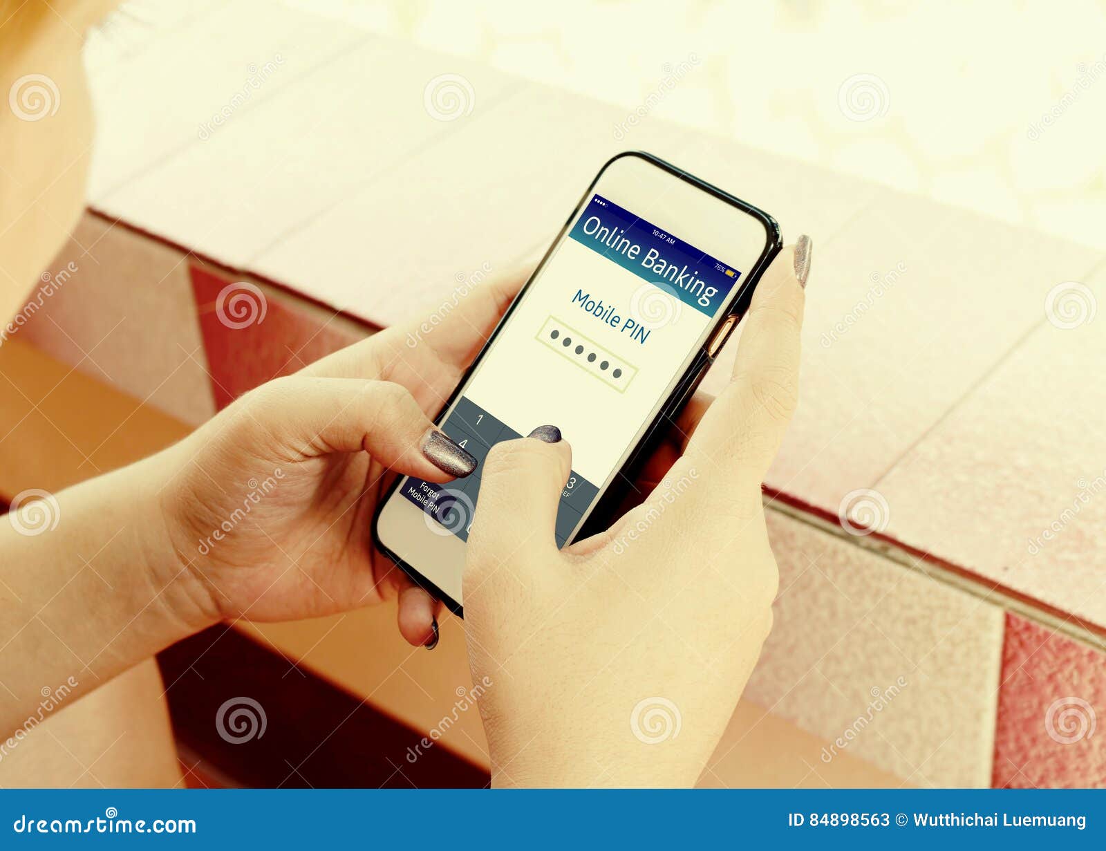Woman Hands Using Online Banking on Touch Screen with Smartphone Stock ...