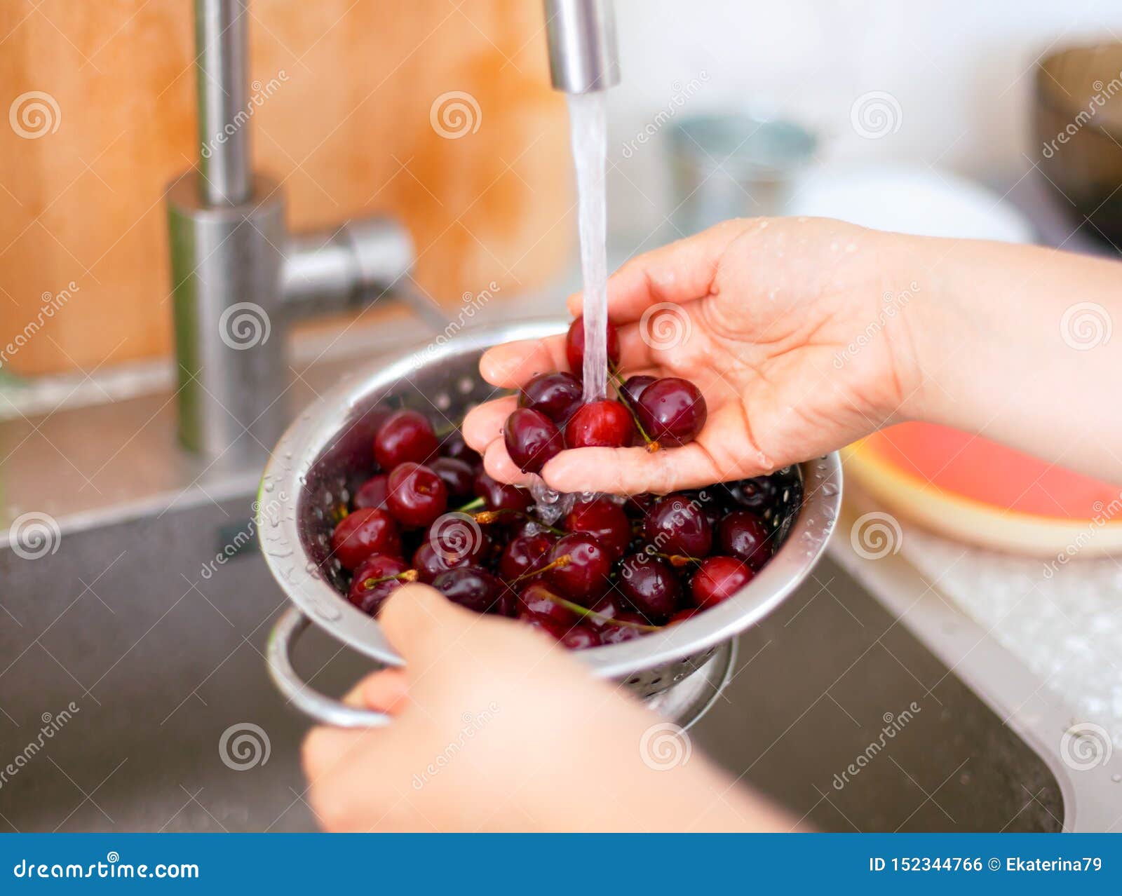 Woman Hands Washing Cherries in the Kitchen Stock Photo - Image of ...