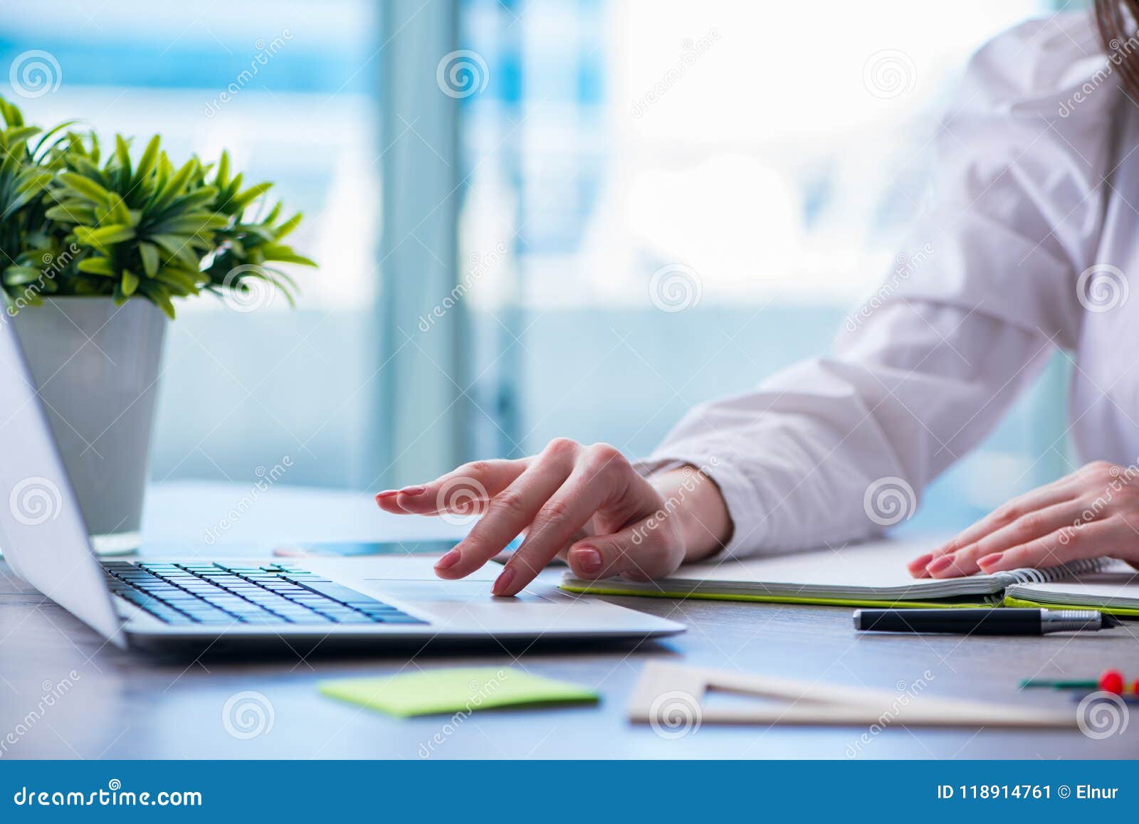 The Woman Hands Working on Computer at Desk Stock Image - Image of ...