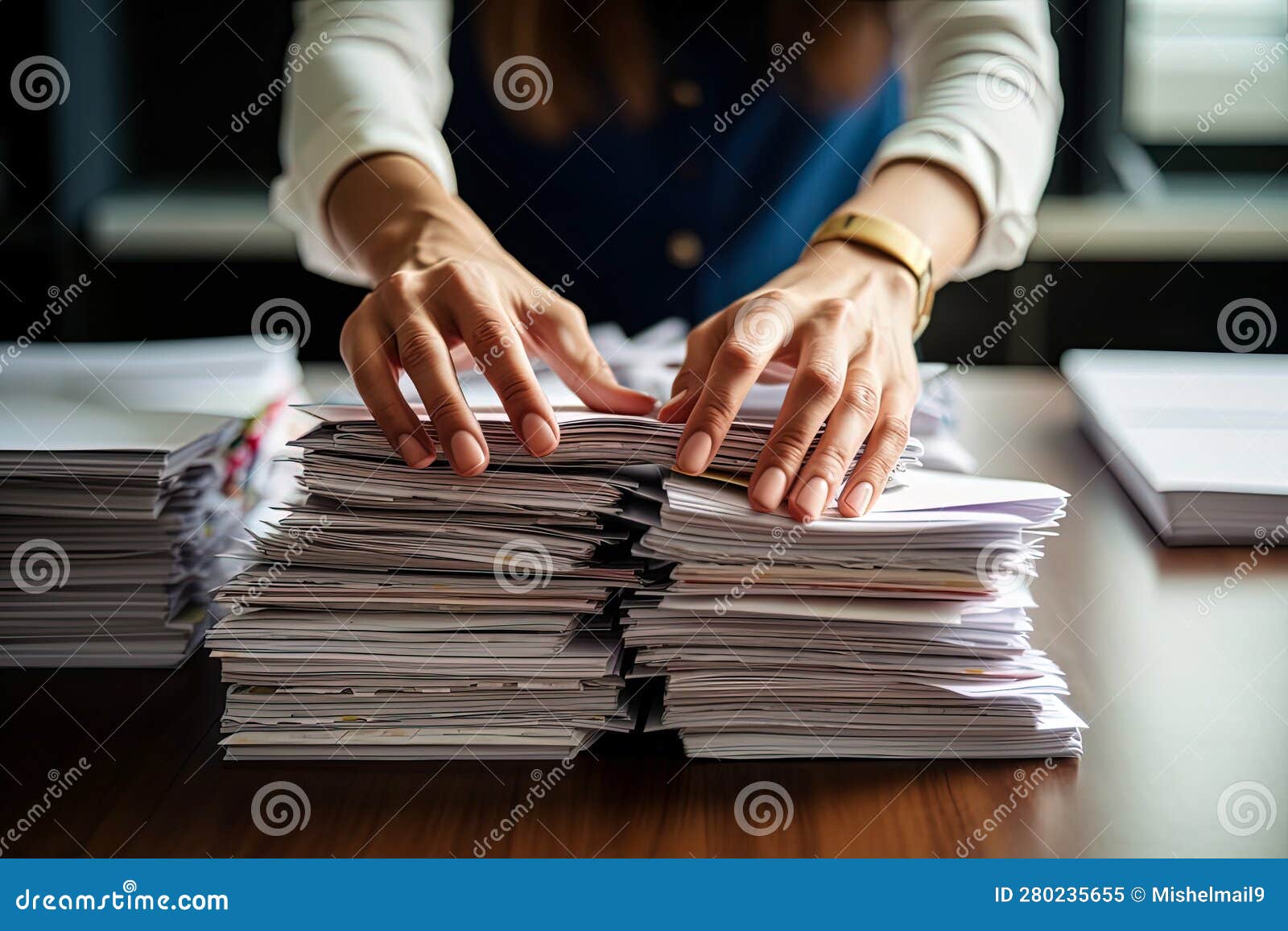 Woman Hands Working in Stacks of Papers for Searching and Checking ...