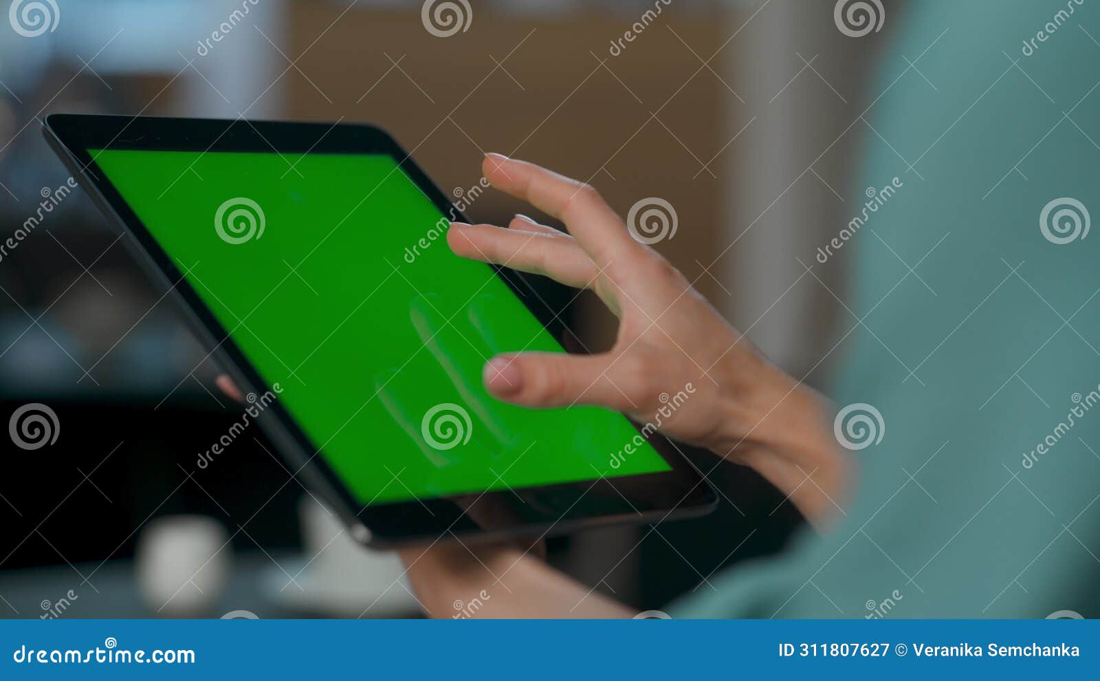 Woman Hands Zoom Out Green Screen Device Closeup. Manager Touching ...