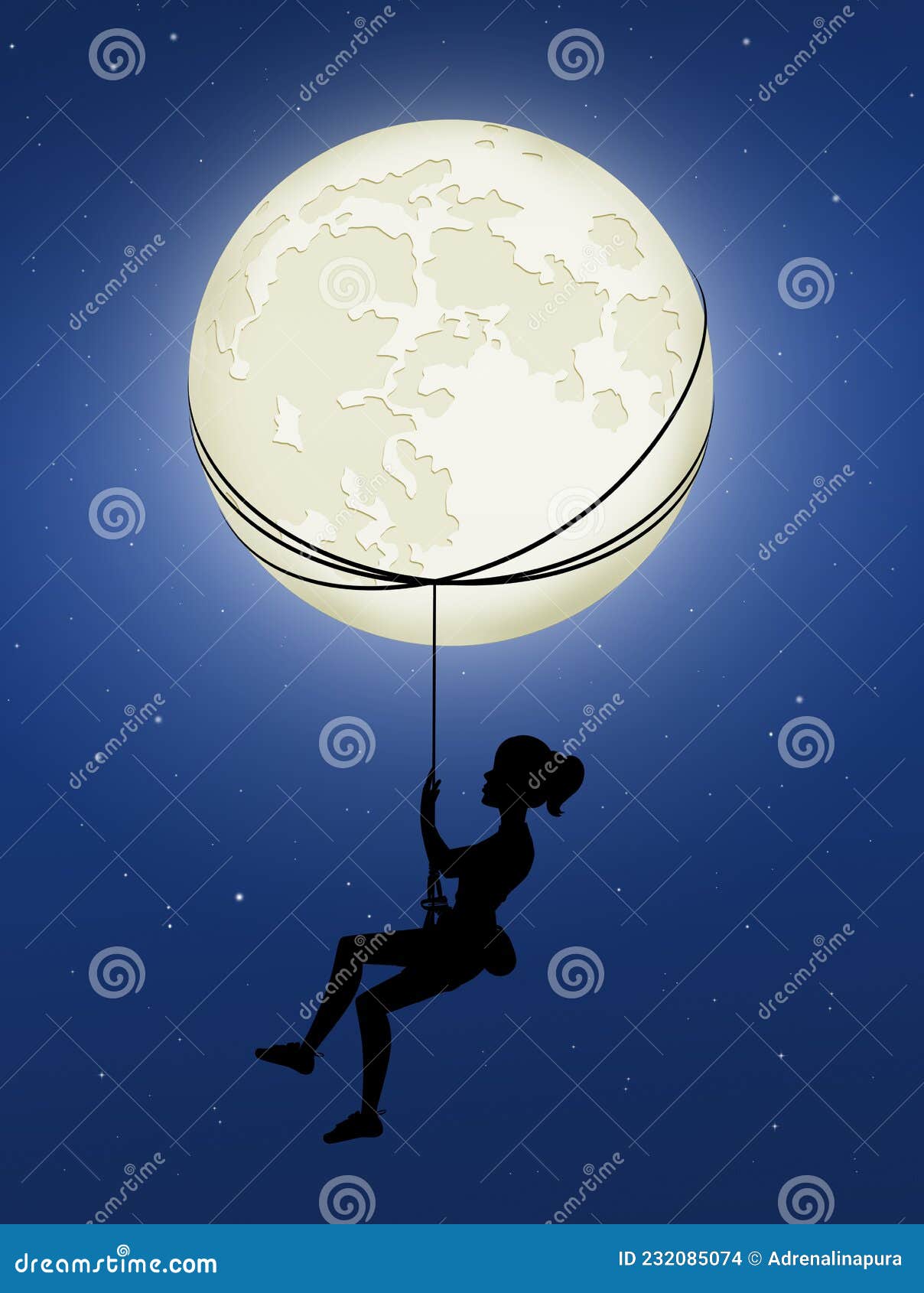 Woman Hanging on the Moon with Rope Stock Illustration - Illustration ...