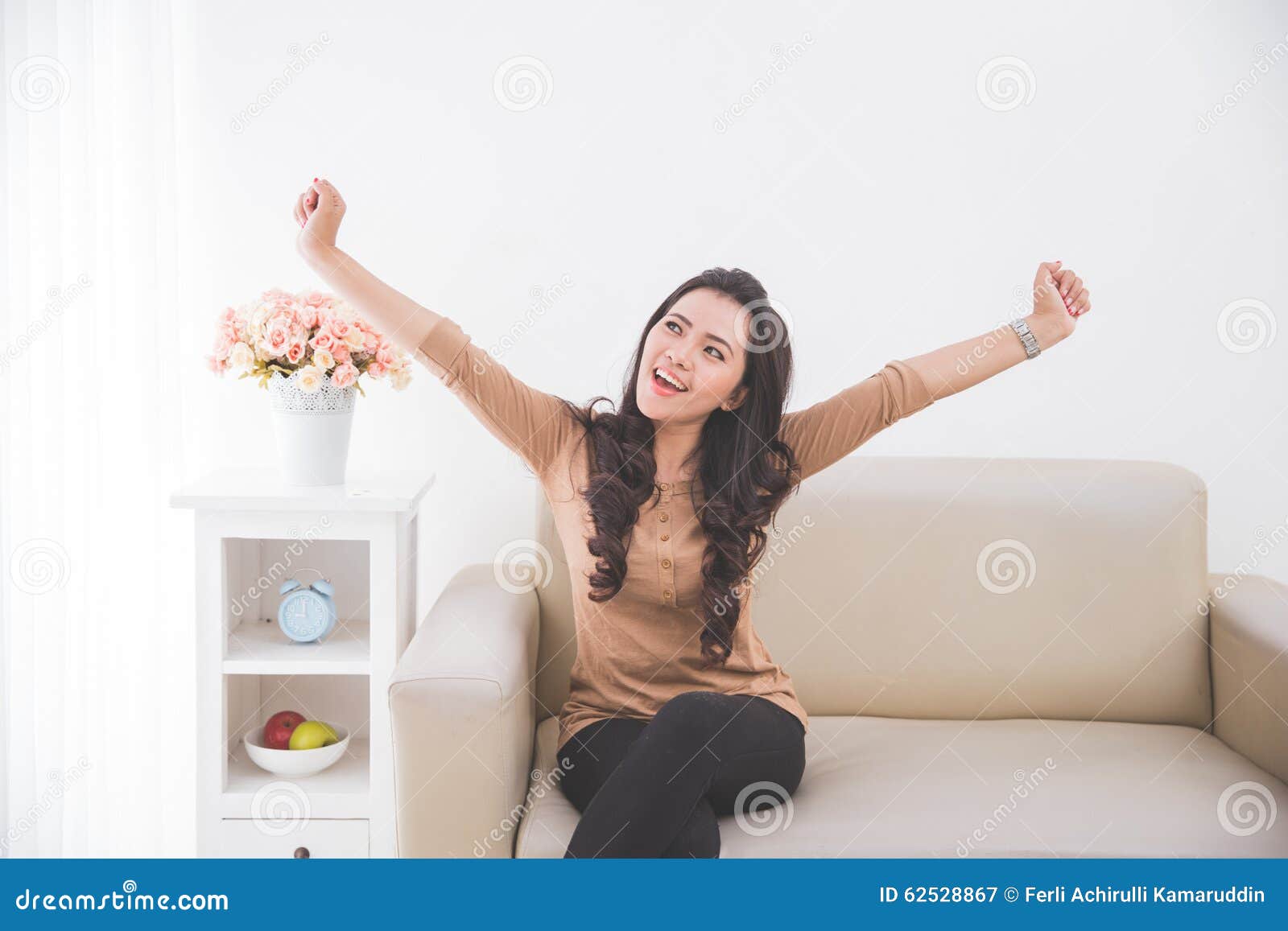 Woman Happily Rise Her Both Hands Up Stock Image - Image of girl ...