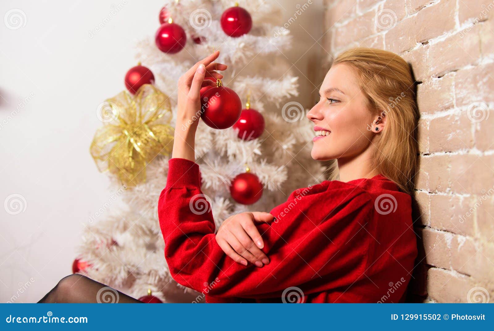 Woman Happy Hold Christmas Ball Ornament Winter Decoration Winter