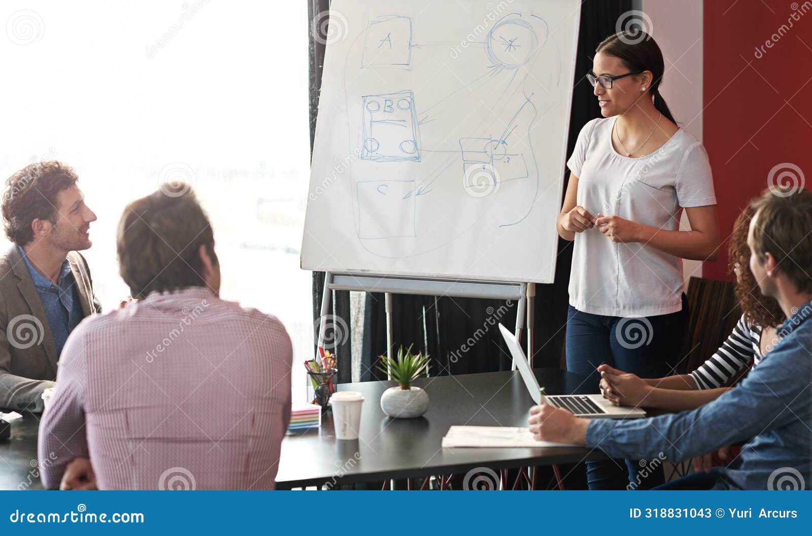 Woman, Happy and Office on Whiteboard for Teamwork, Collaboration and ...
