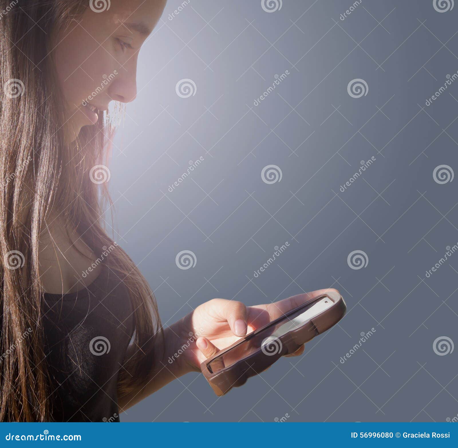 Woman Happy Smiling Looking at His Cell Phone Stock Photo - Image of ...