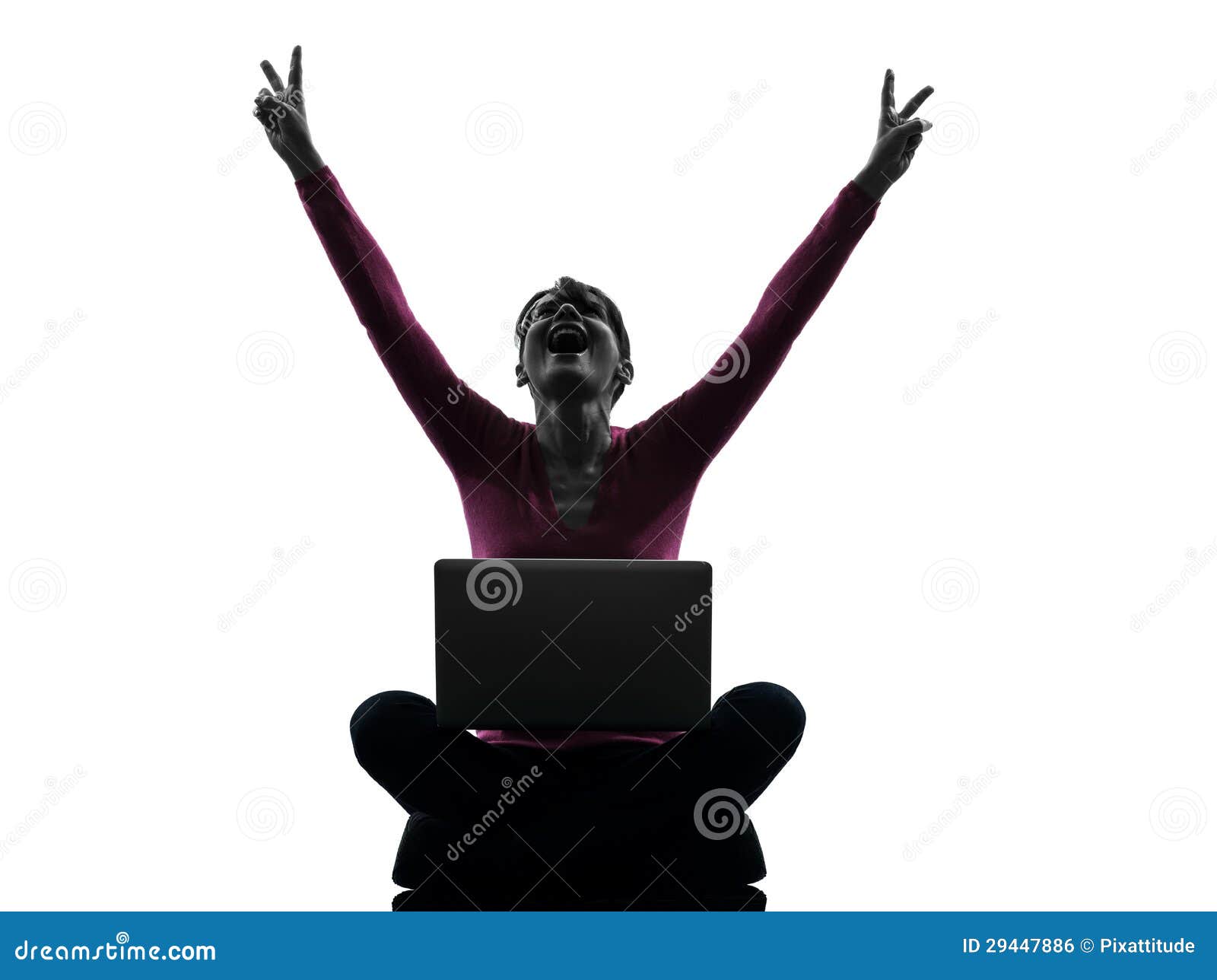 Woman Happy Winning Computing Laptop Computer Silhouette Stock Photo ...