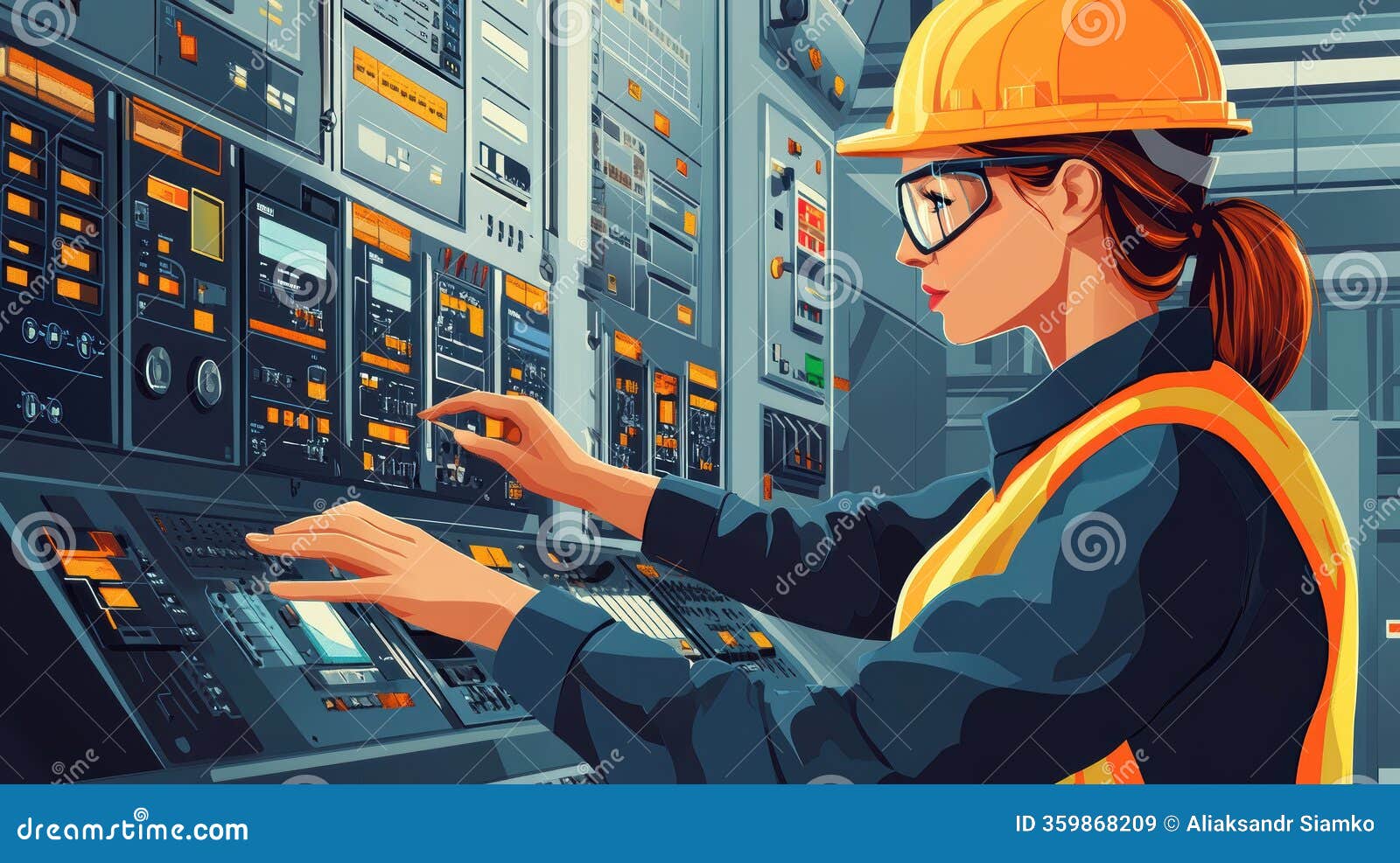 A Woman in a Hard Hat and Safety Vest Working on a Control Panel Stock ...