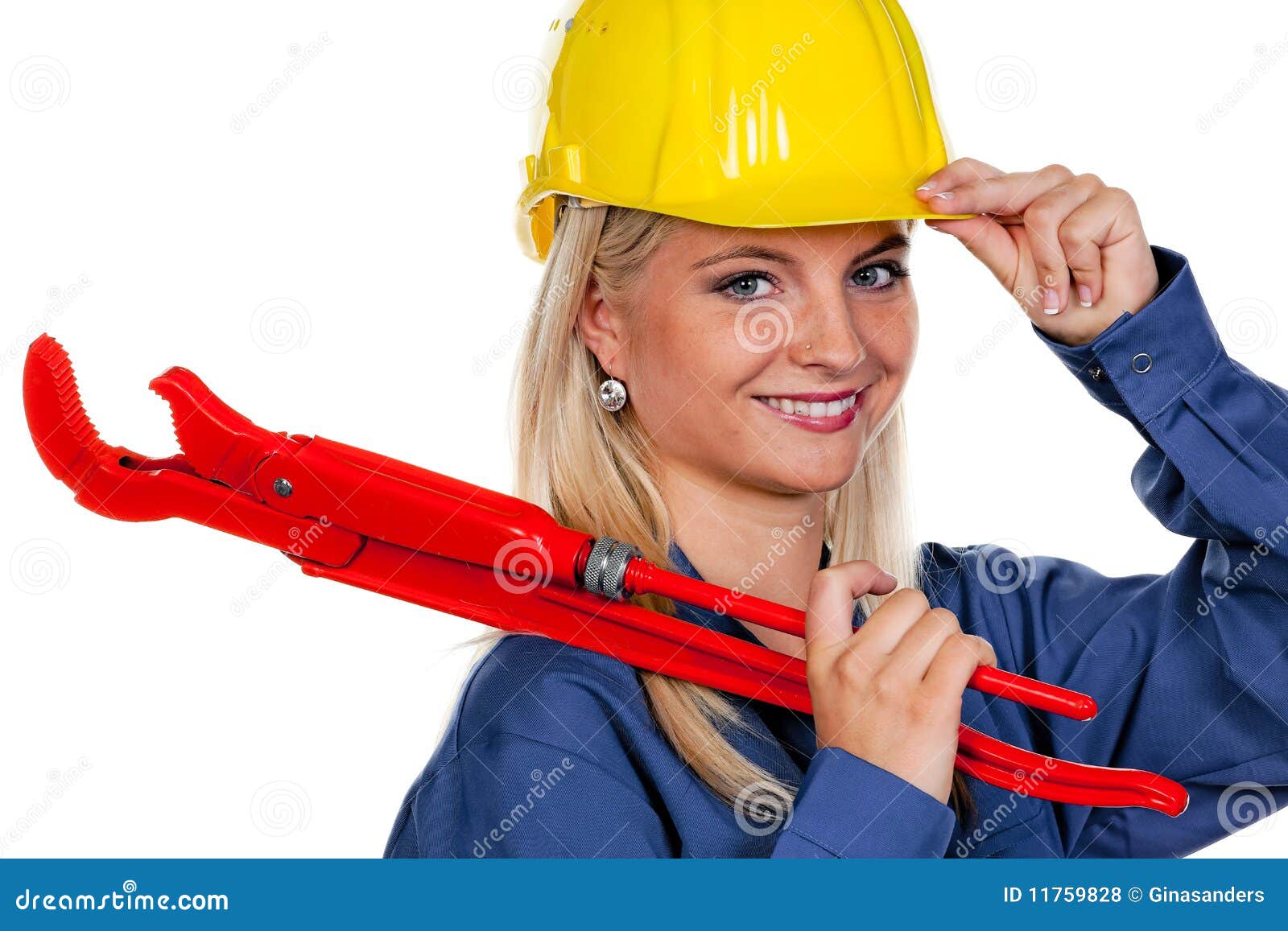 Woman with Hardhat and Pipe Wrench Stock Photo - Image of camera ...