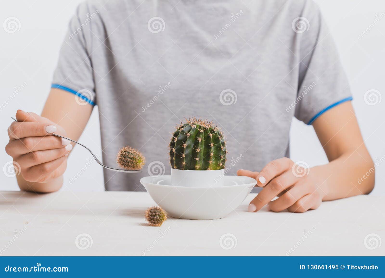 Woman Has Breakfast Prickly Cactus. Concept Diet Stock Image - Image of ...