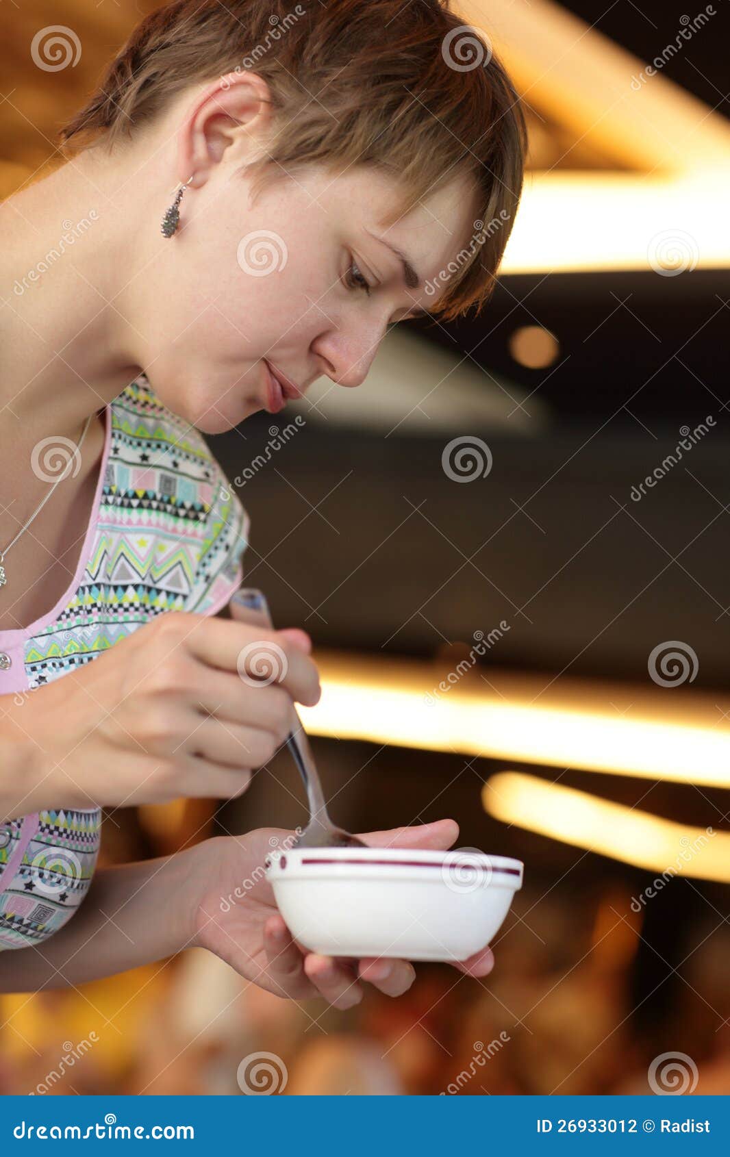 Woman has lunch stock photo. Image of brunette, pretty - 26933012