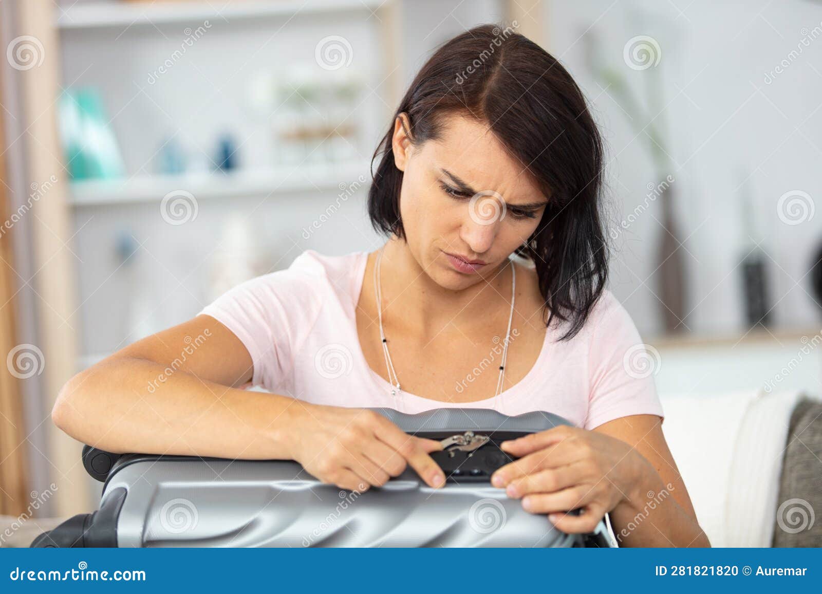 Woman Has Problem To Open Suitcase Lock Stock Photo - Image of ...