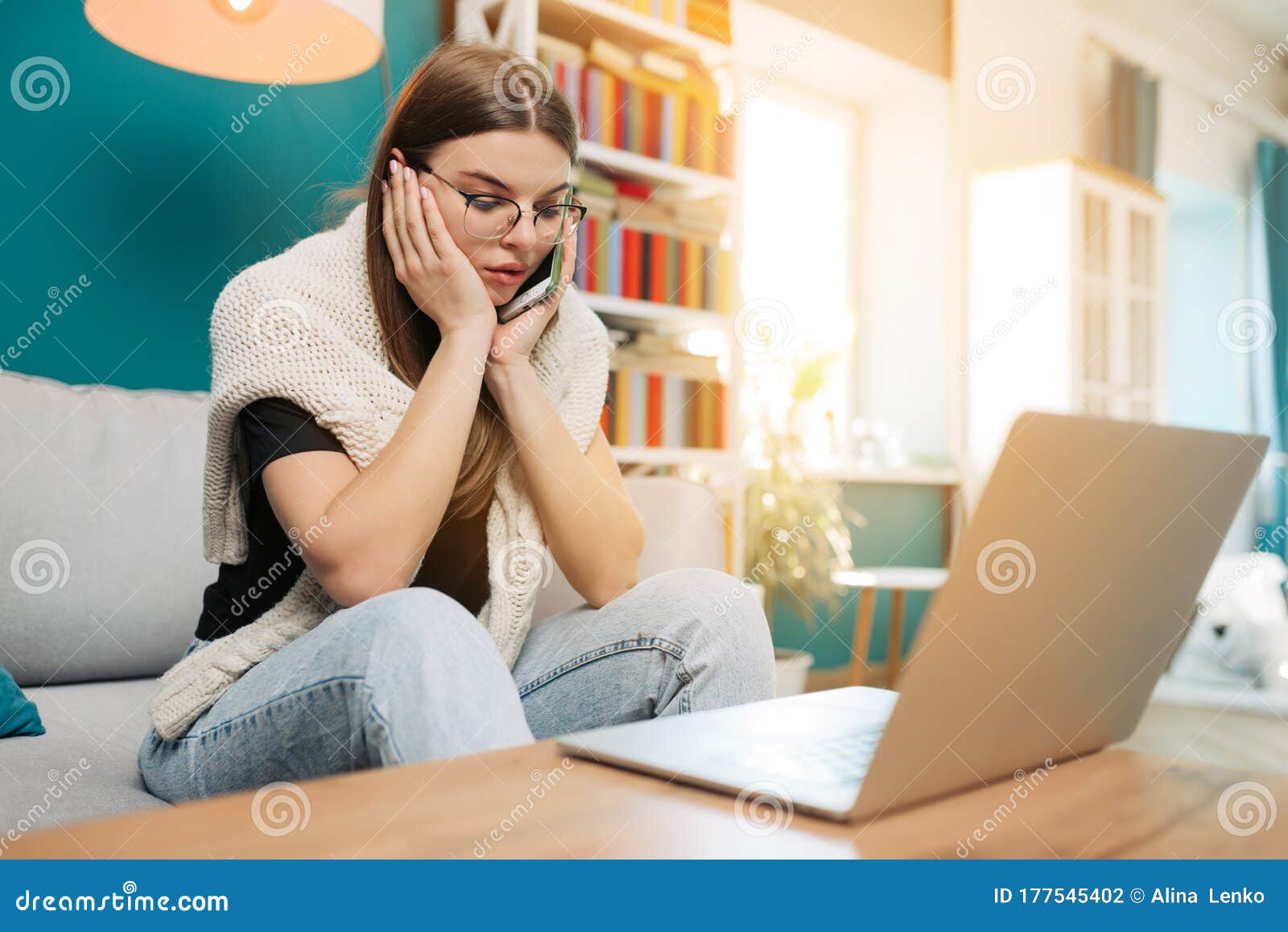 Woman Has Some Problems while Working on Laptop Computer and Speaking ...