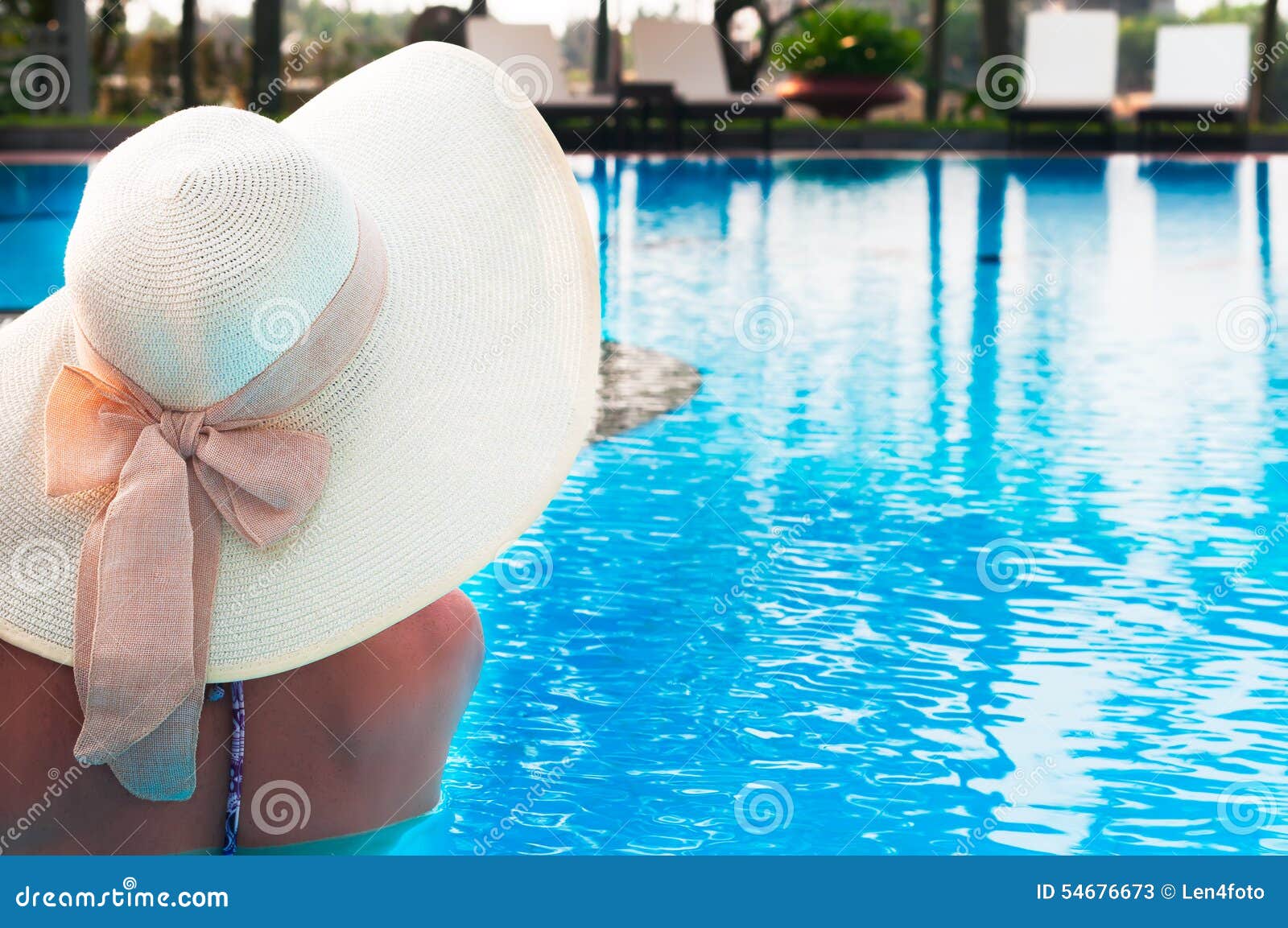 Woman with Hat from Back in Swimming Pool Stock Image - Image of ...