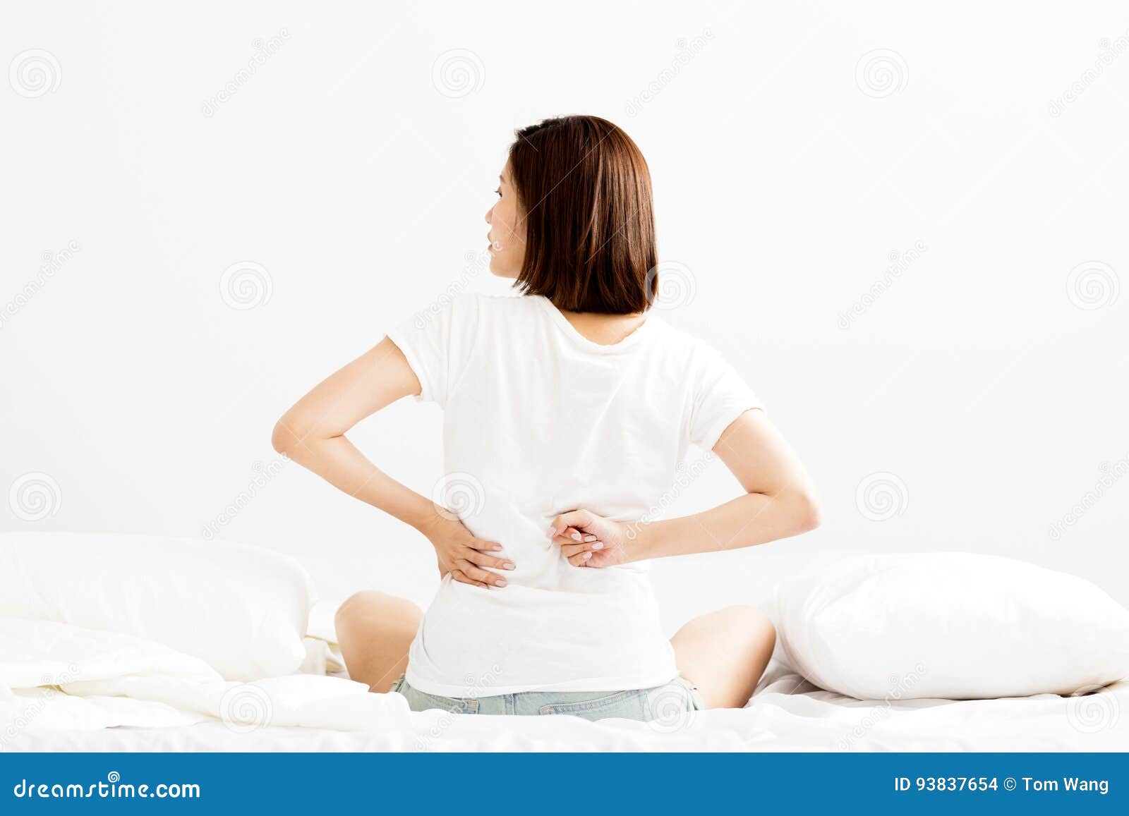 Woman Have Backache on White Bed Stock Photo - Image of illness, people ...