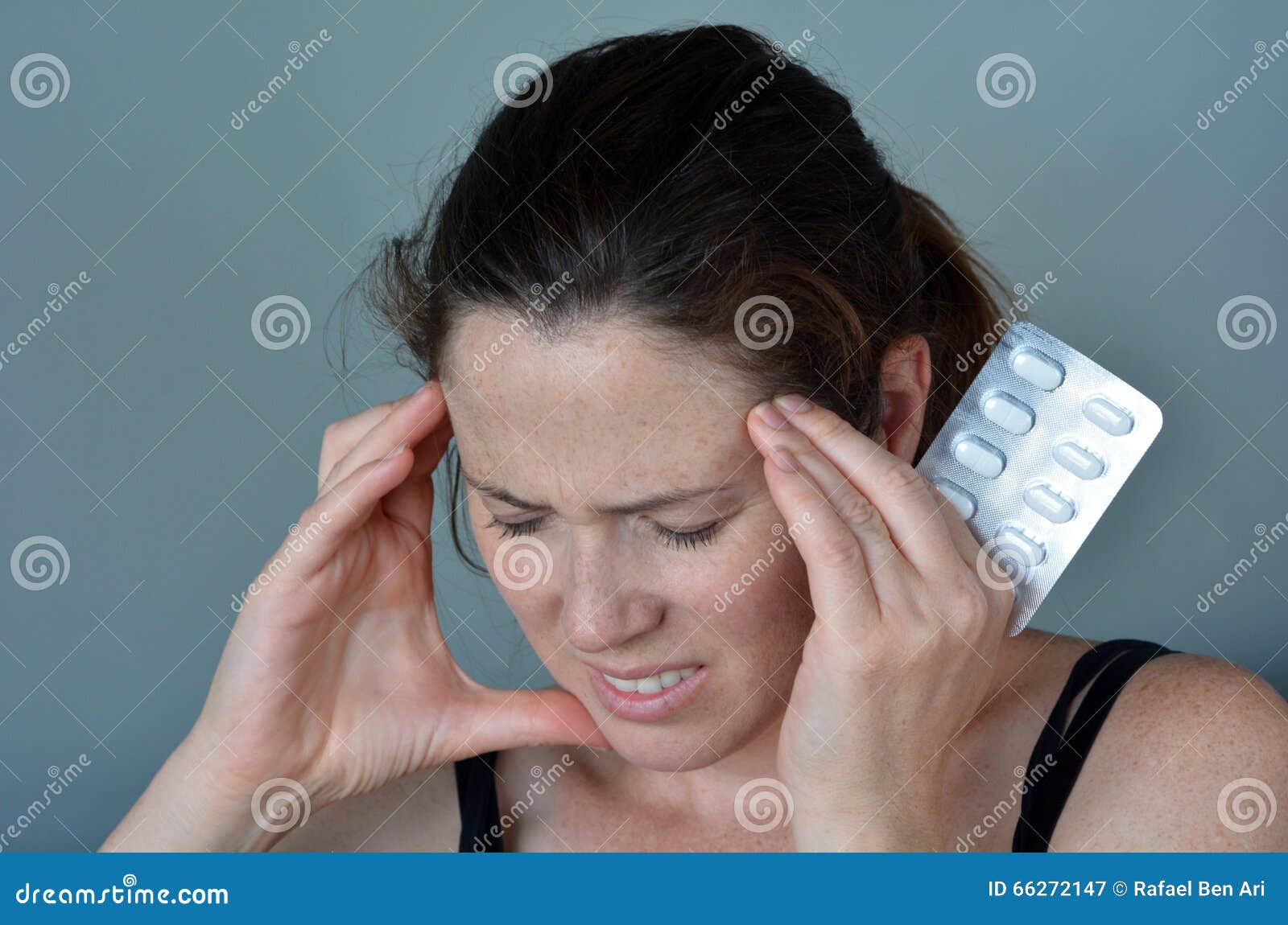 Woman Having Headache Taking Pills Stock Image Image Of Headache