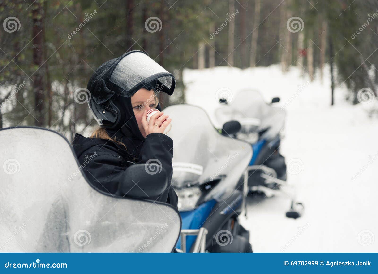 Woman Having a Hot Drink on a Snowmobile Stock Image - Image of speed ...