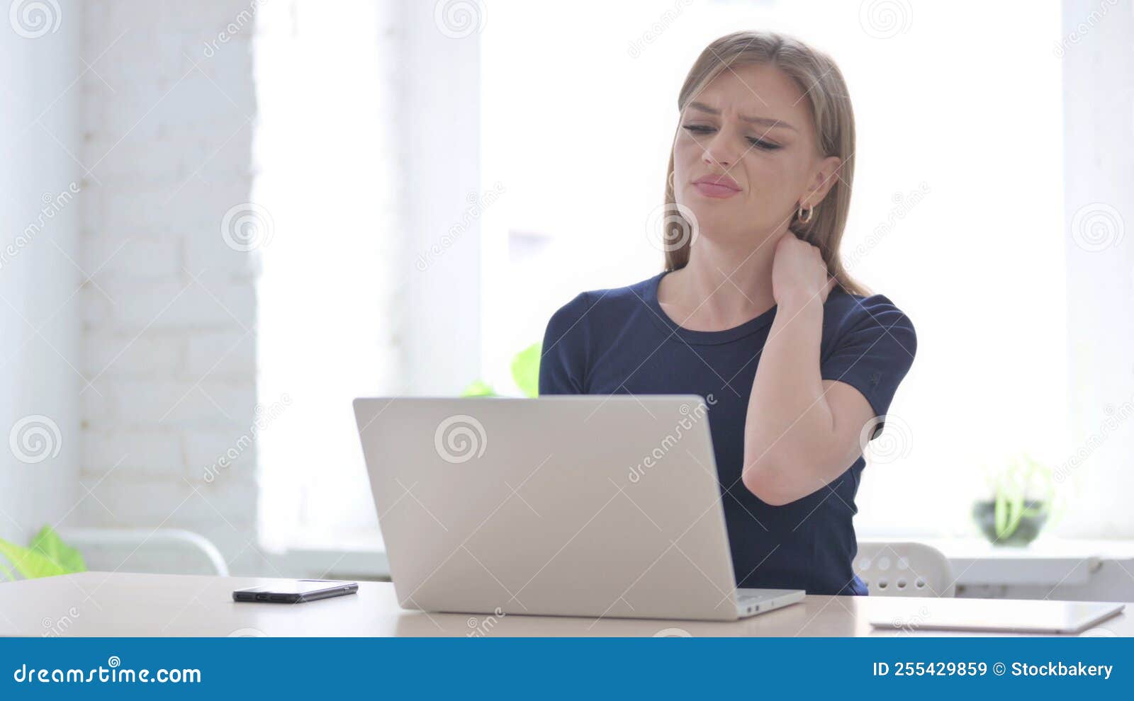 Woman Having Neck Pain while Using Laptop Stock Image - Image of tired ...