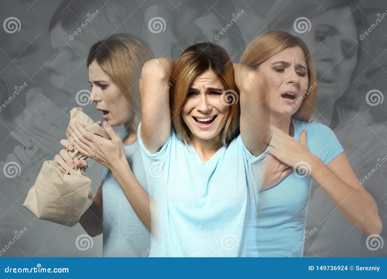 Woman Having Panic Attack on Grey Background Stock Photo - Image of ...