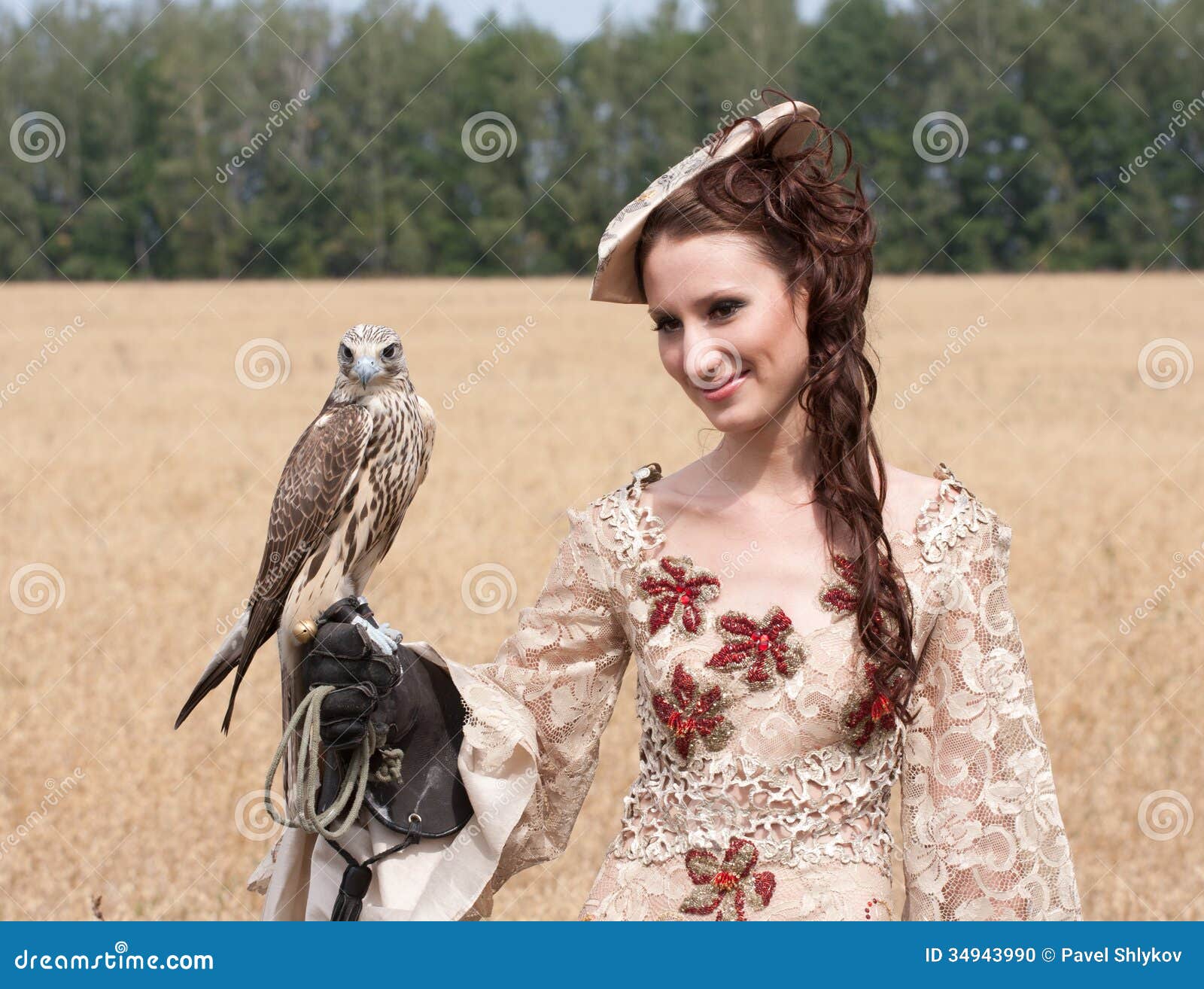 Woman with hawk on hand stock photo. Image of eagle, brown - 34943990