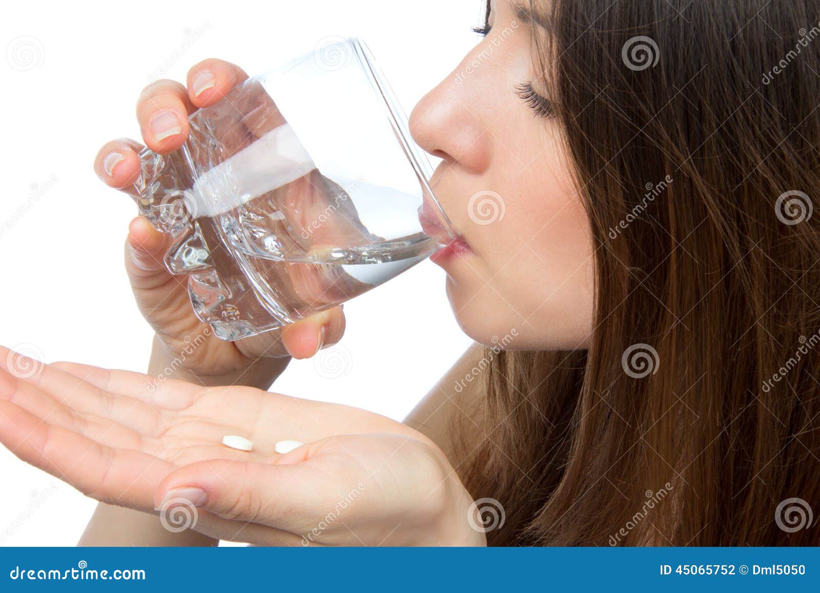 Woman With Headache Hand Take Pill Medicine Tablet And Glass Of Stock