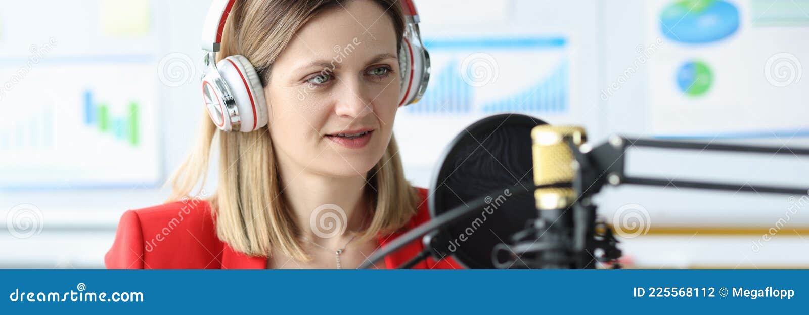 Woman with Headphones in Front of Microphone at Work Table Stock Photo ...