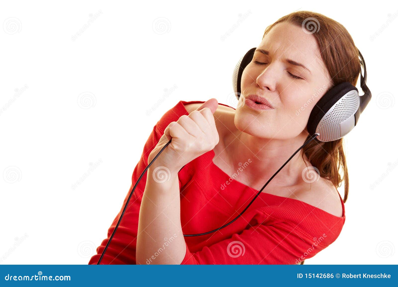 Woman with Headphones Singing Stock Photo - Image of happy, leisure ...