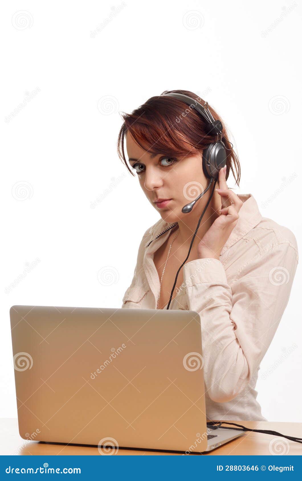 Woman in the Headset and with a Computer Stock Photo - Image of ...