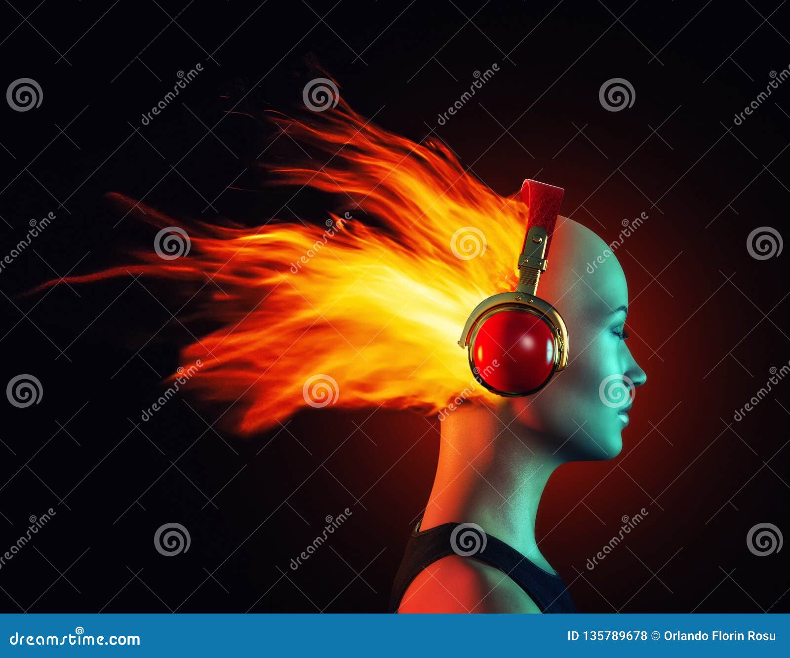 Woman with a Headset and a Flame on Her Head Stock Illustration ...