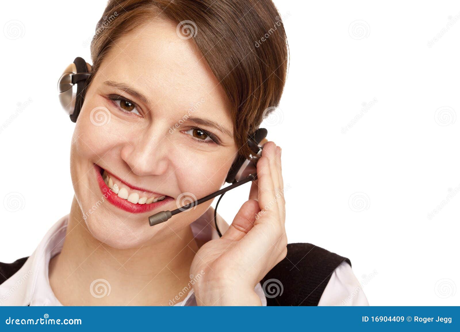 Woman with Headset Laughs Happy and Makes a Call Stock Image - Image of ...