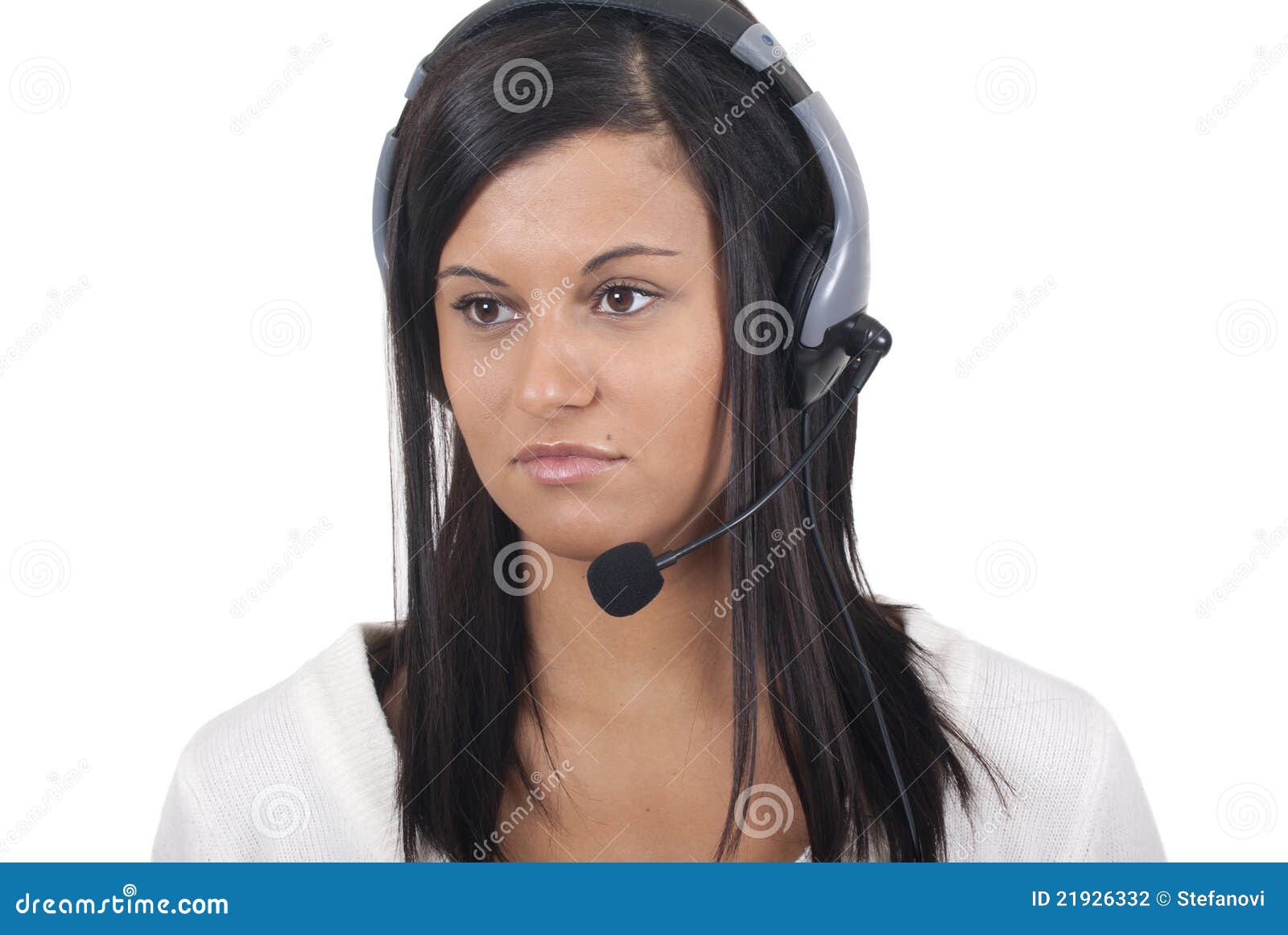 Woman with Headset and Microphone Looking Away Stock Photo - Image of ...