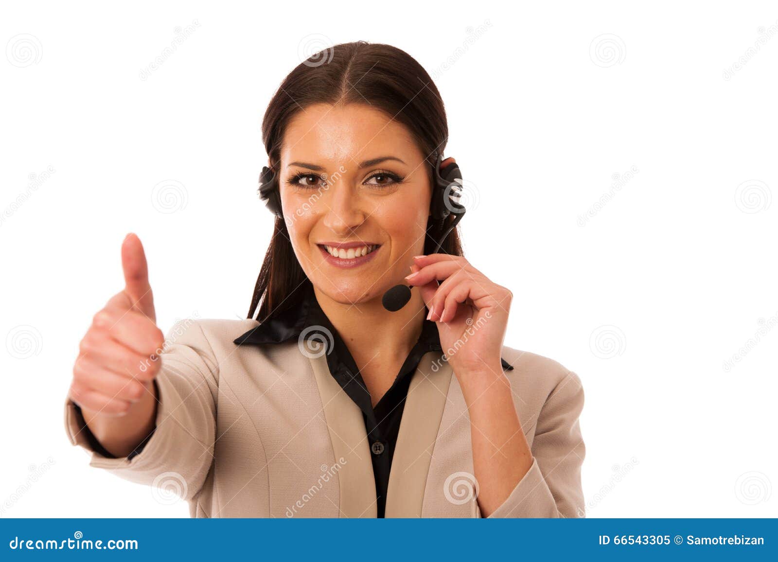 Woman with Headset and Microphone Working in Call Center for Helping ...