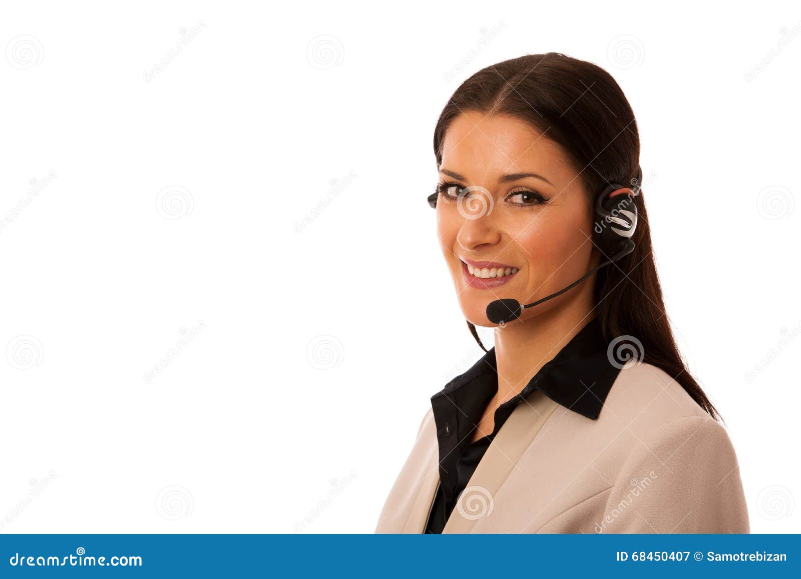 Woman with Headset and Microphone Working in Call Center for Helping ...
